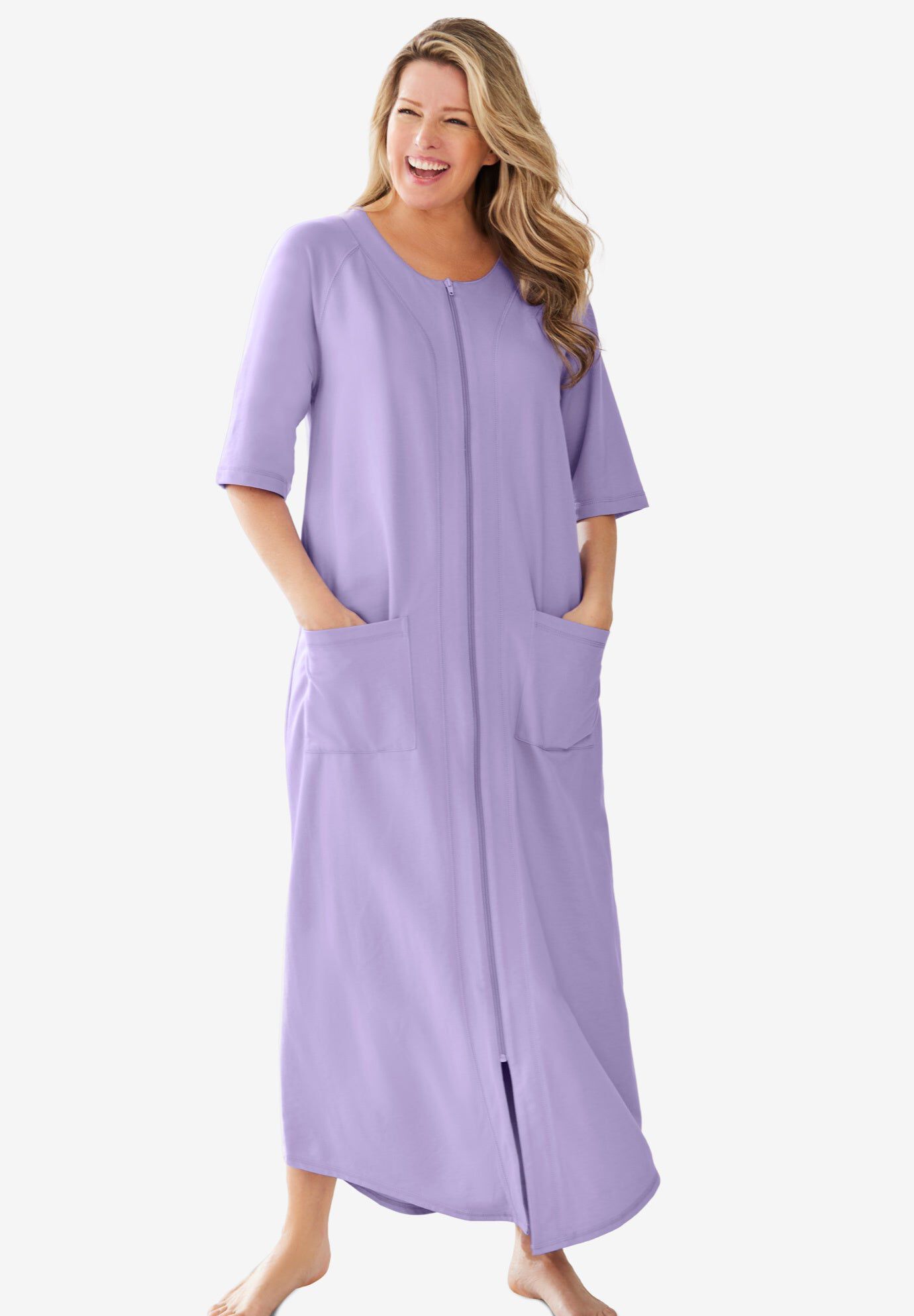 French Terry Robe - Long Zip-Front Style, Soft Iris | Woman Within
