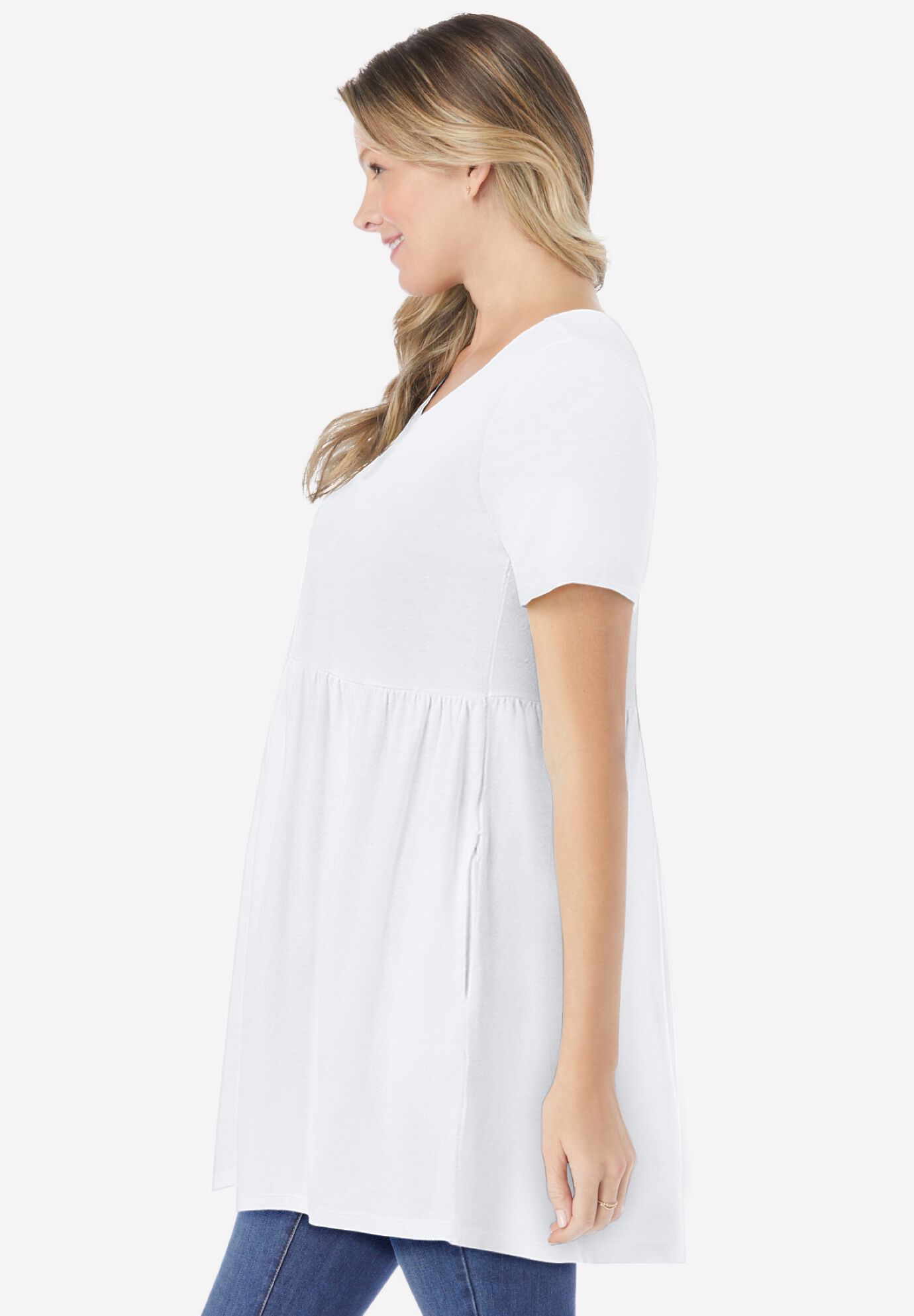 Short-Sleeve Empire Waist Tunic Top, White | Woman Within