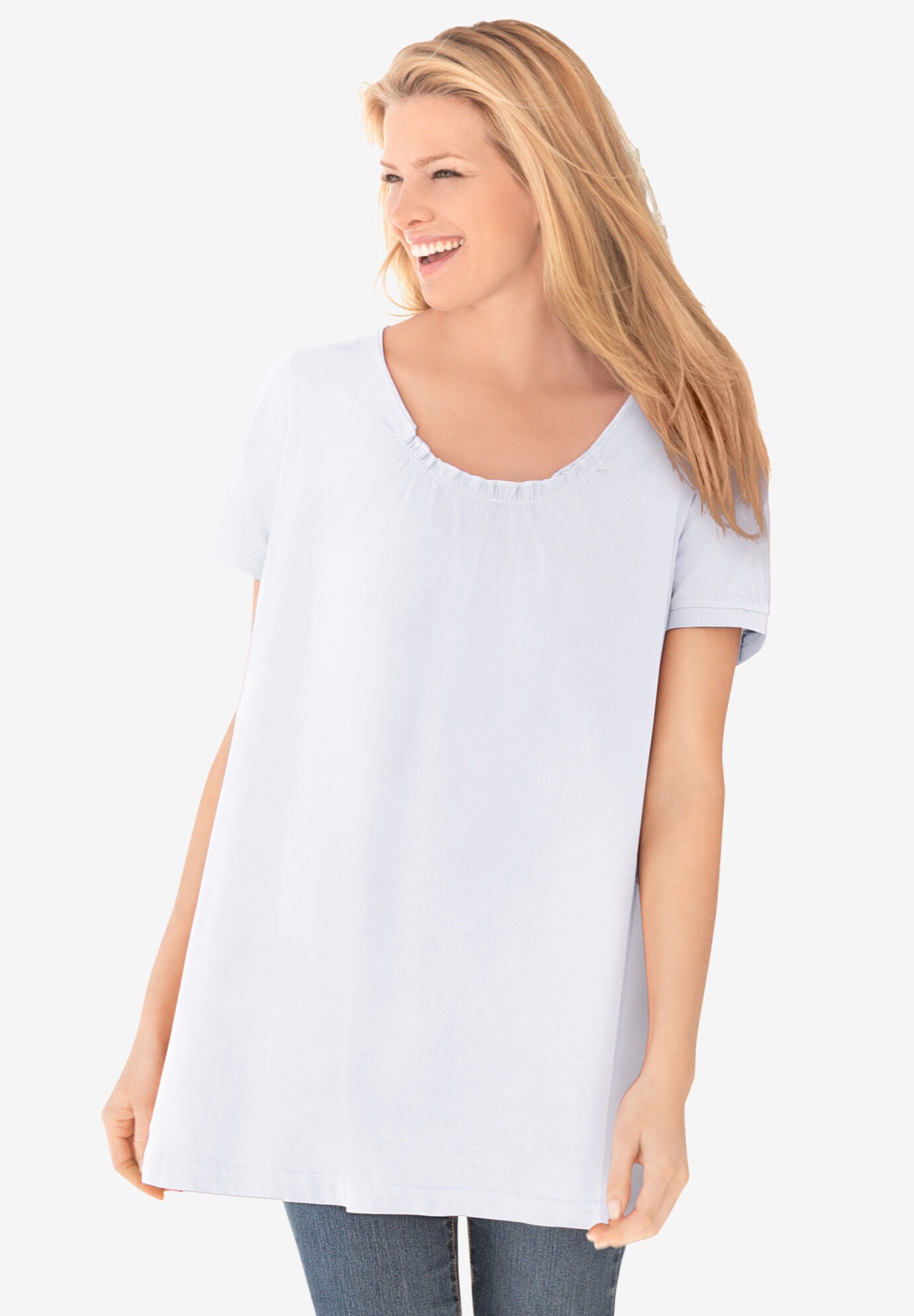 Shirred U-Neck Tunic - Short-Sleeve Perfect, White | Woman Within