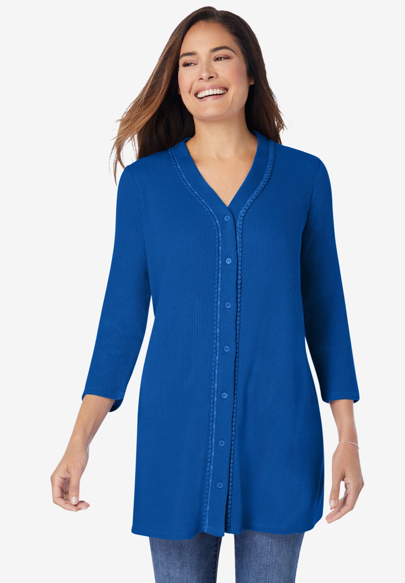 Thermal Knit Button-Front Tunic Top, Bright Cobalt | Woman Within