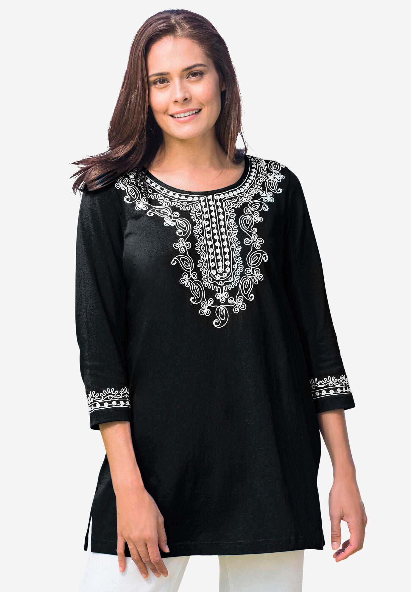 Embroidered Knit Tunic - Relaxed Fit Tunic, Black | Woman Within
