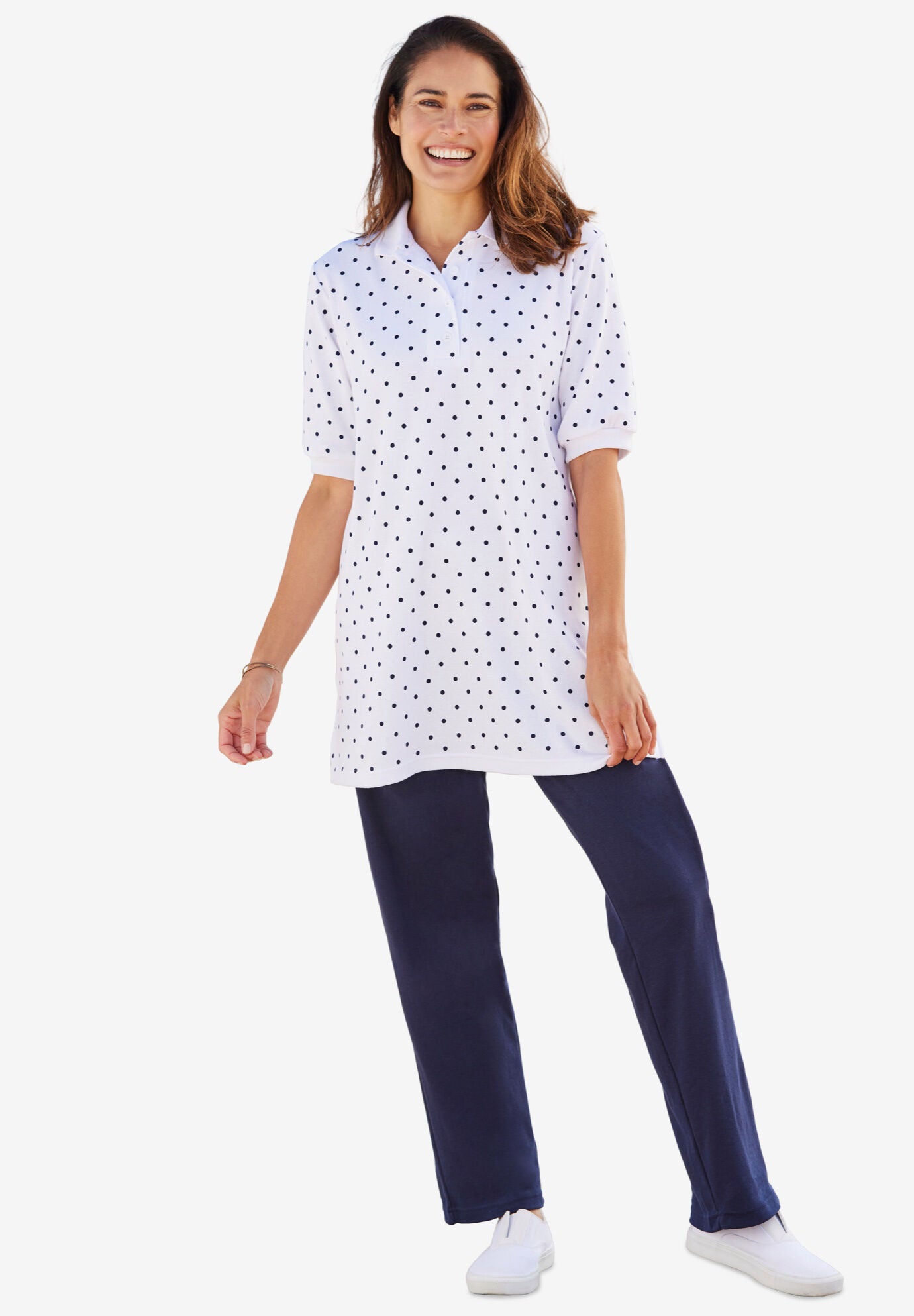 Elbow-Sleeve Polo Tunic for Women 30" Length, Black | Woman Within