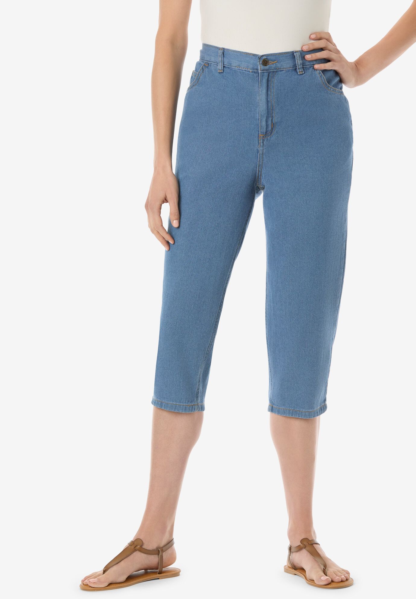 Relaxed 5-Pocket Capri Pants with Elastic Back, Light Stonewash | Woman ...