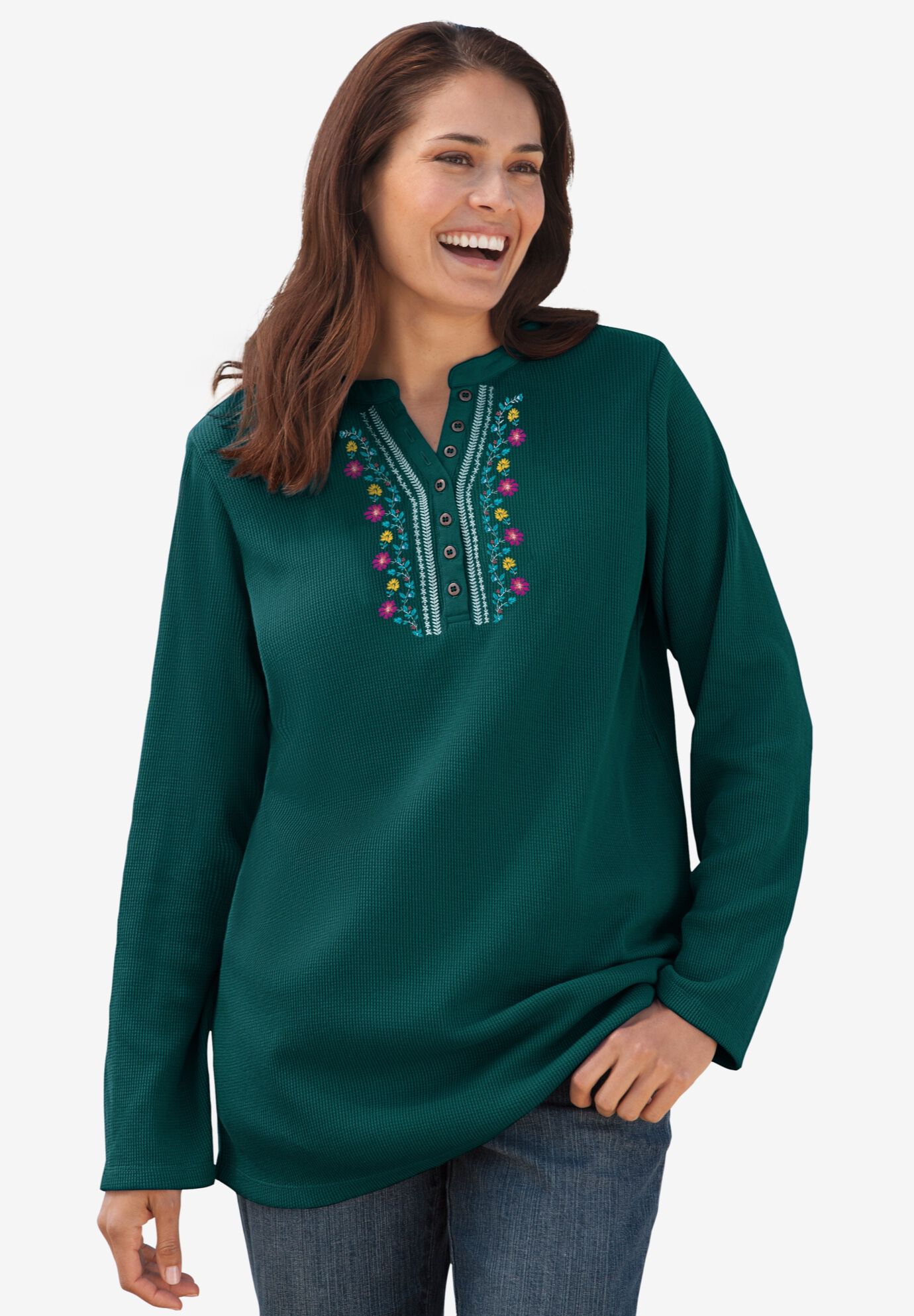 Embroidered Thermal Henley Tee - Women's Tops, Emerald Green Vine ...