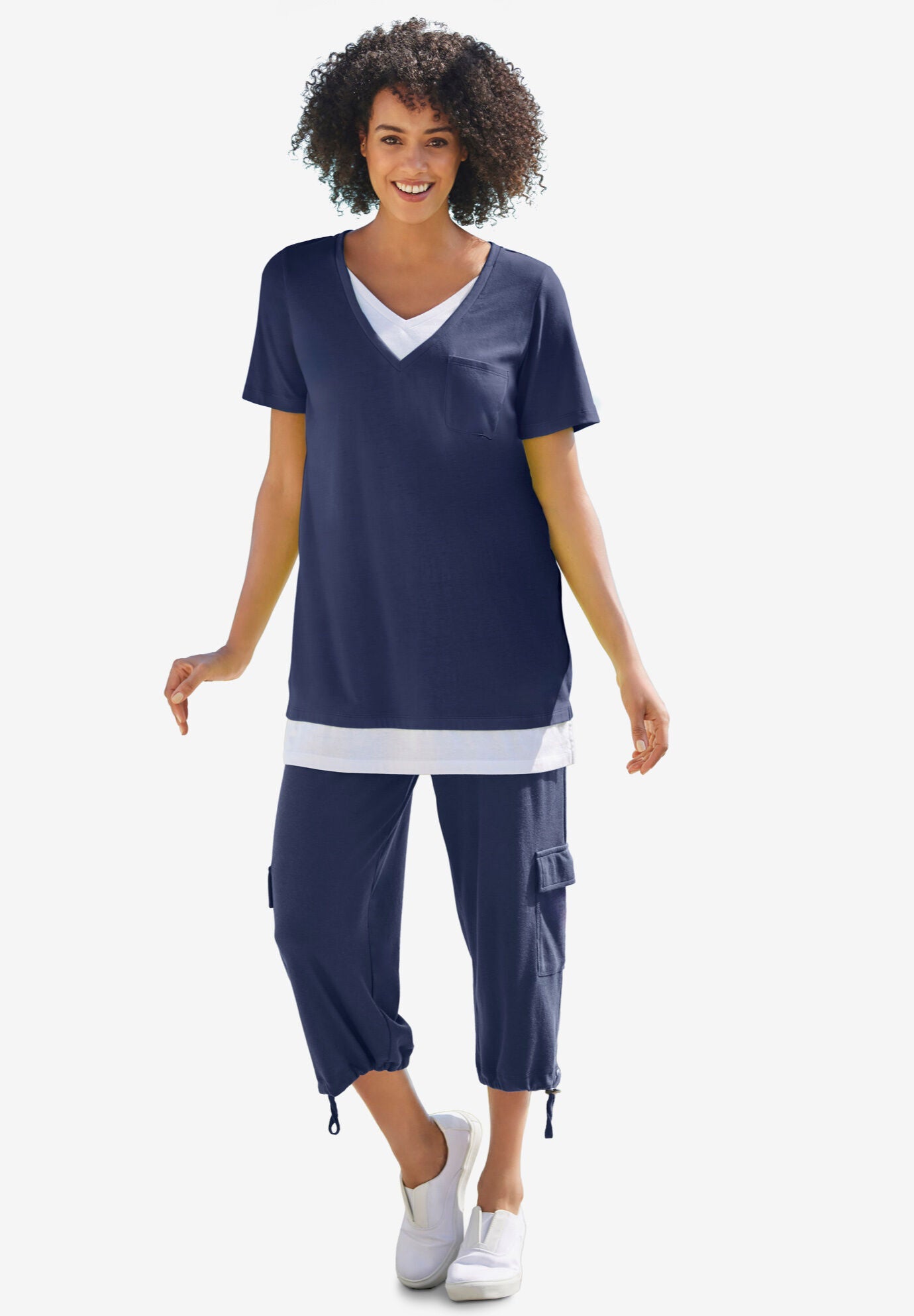 Layered-Look Tunic V-Neck, Relaxed Fit, Plus Size, Soft Iris | Woman Within