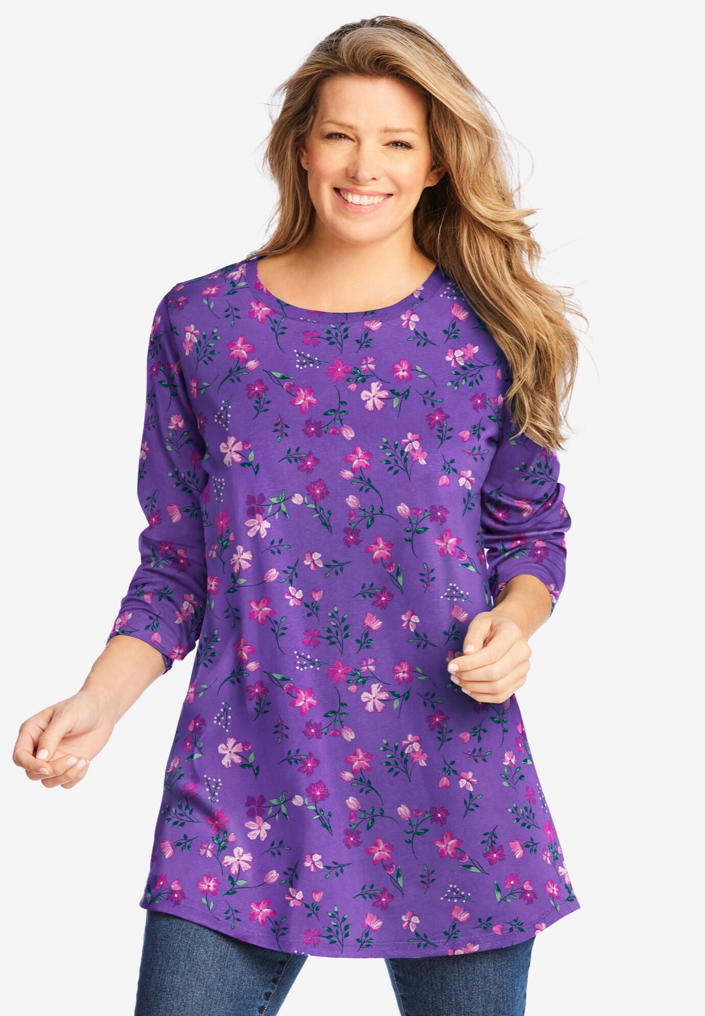 Perfect Printed Long-Sleeve Crewneck Tunic | Woman Within