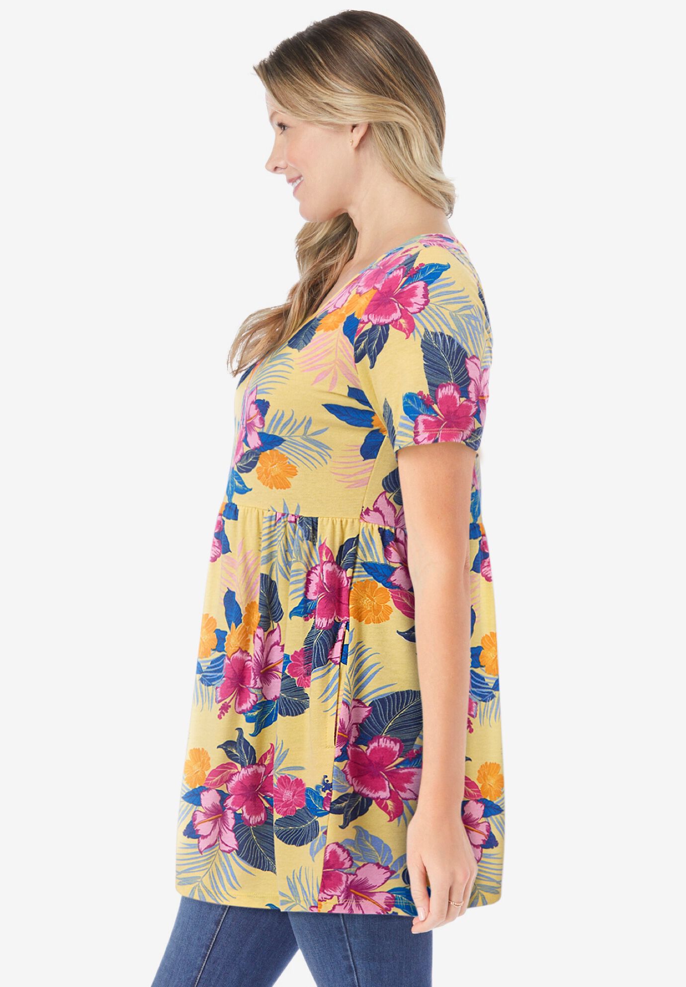 Short-Sleeve Empire Waist Tunic Top, Banana Hibiscus Tropicana | Woman ...