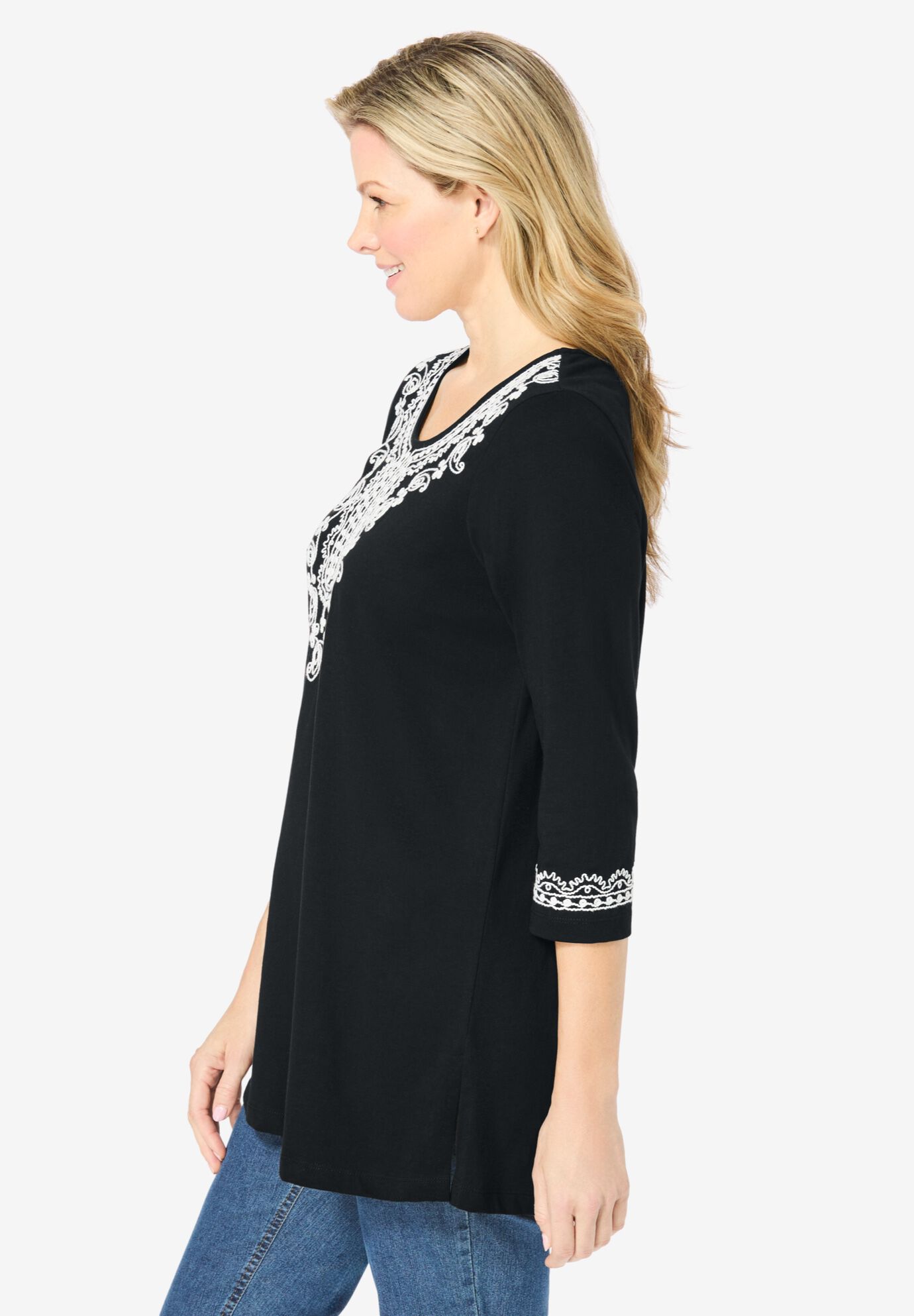 Embroidered Knit Tunic - Relaxed Fit Tunic, Black | Woman Within