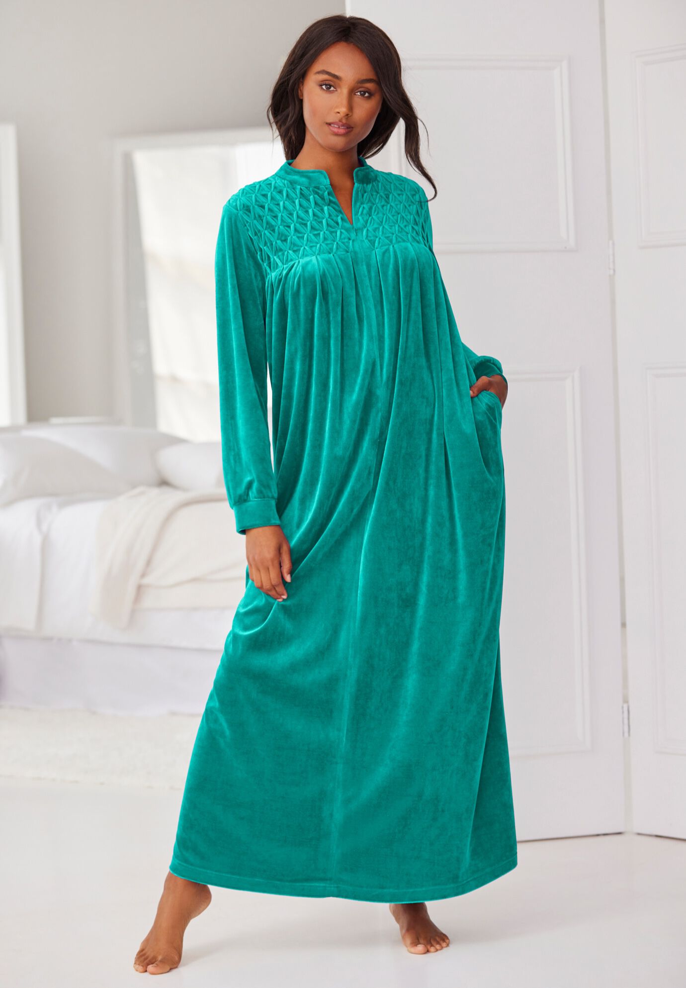 Smocked Velour Long Robe with Pockets, Waterfall | Woman Within