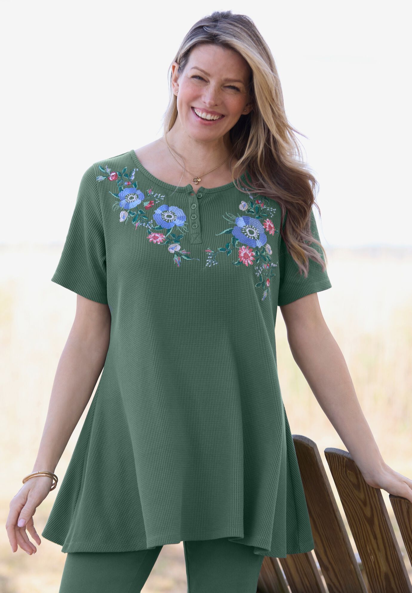 Embroidered Thermal Tunic with Floral Details, White Blooming ...