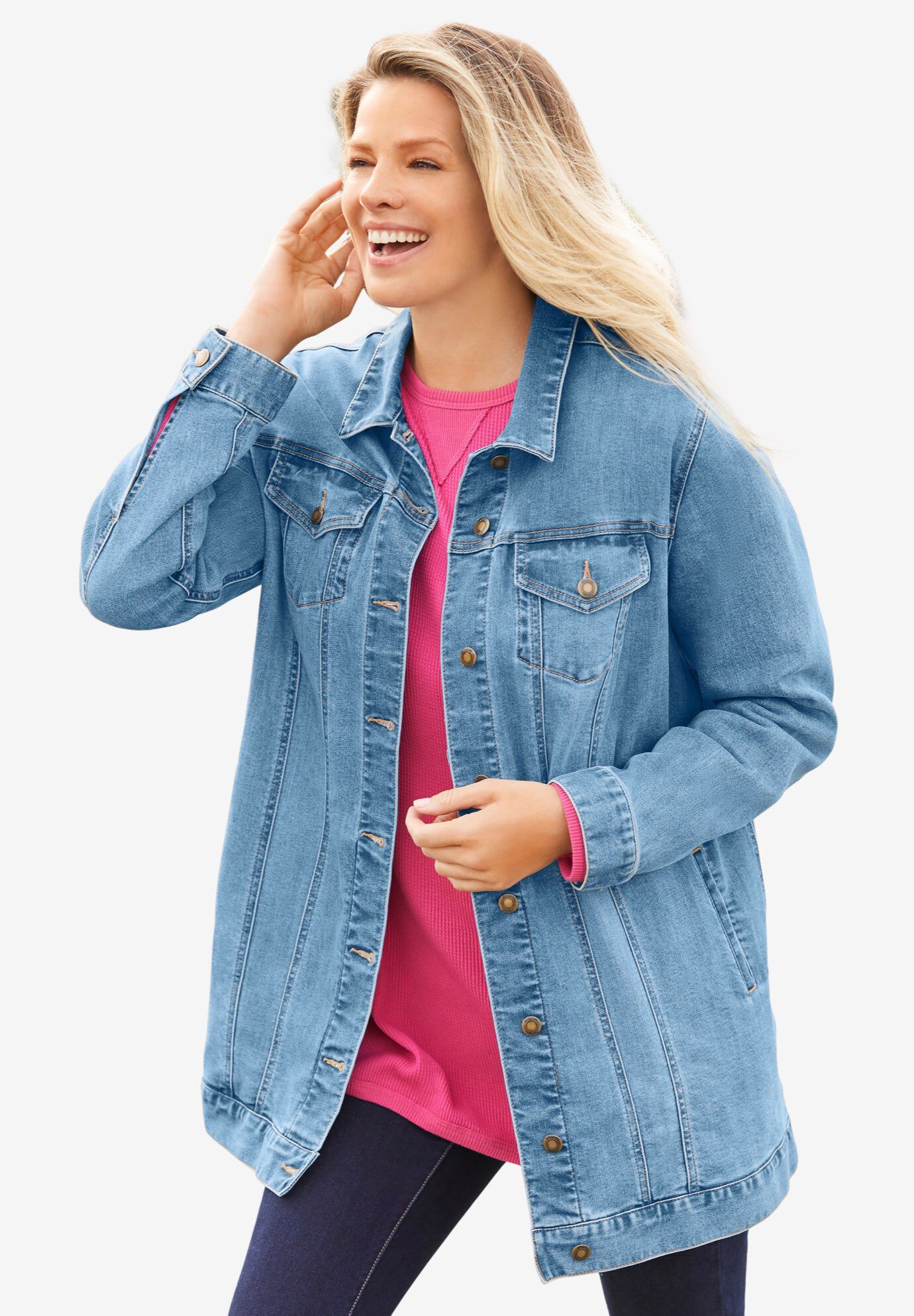 Long Stretch Denim Jacket with Side Adjusters, Light Stonewash Sanded ...