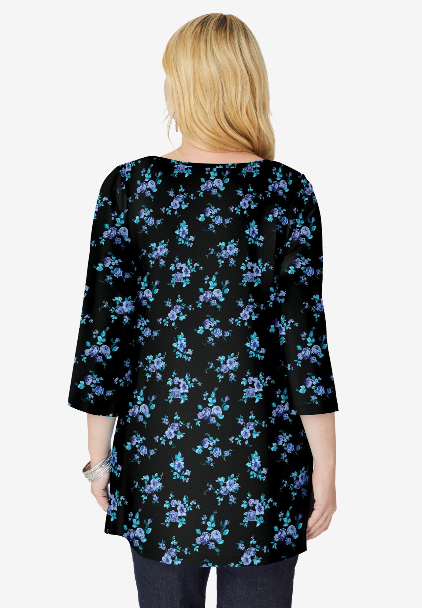 Printed V-Neck Tunic - Best Selling Style, Blue Rose Ditsy Bouquet ...