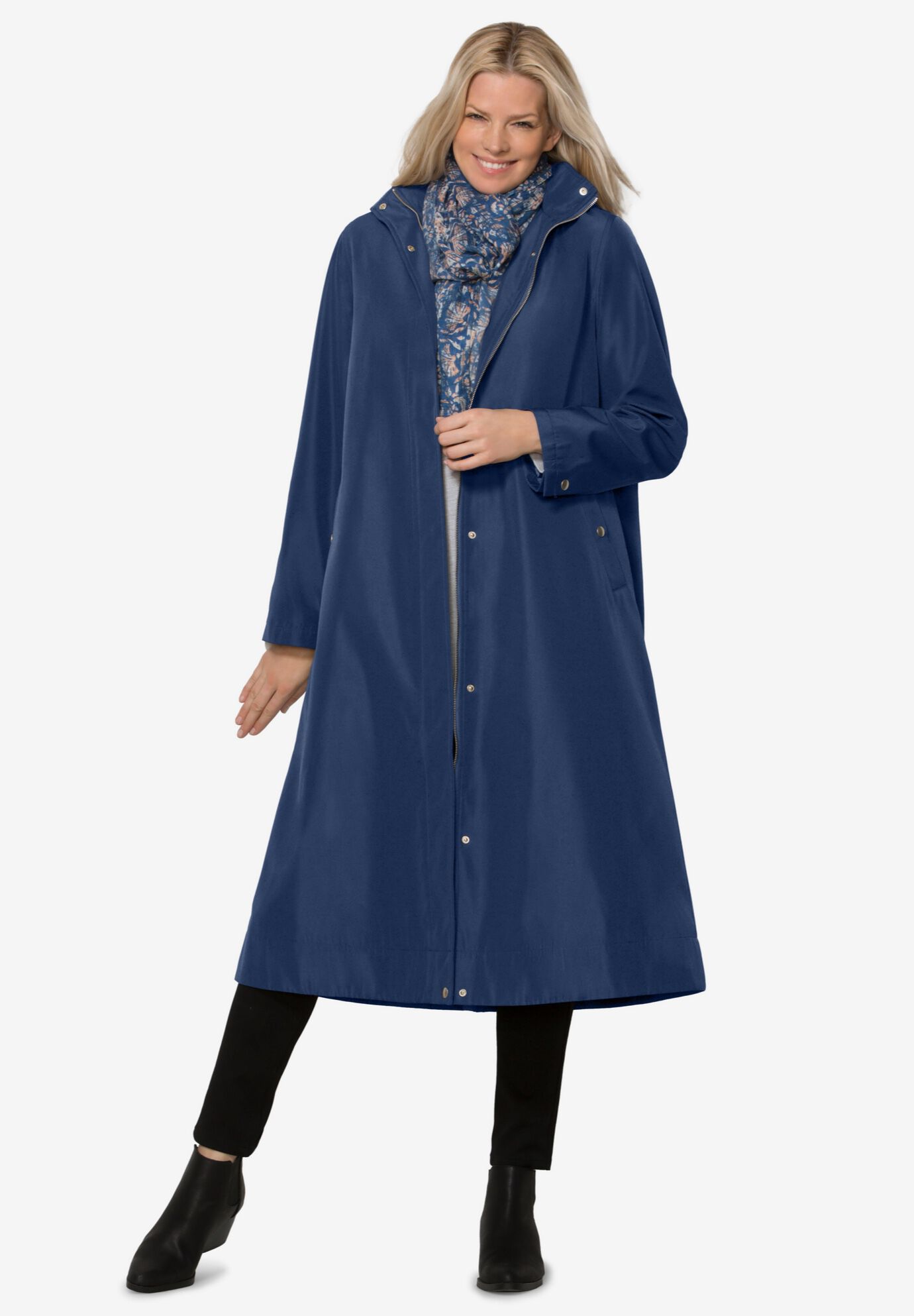 Plus Size Water Repellent Long Raincoat, Navy | Woman Within