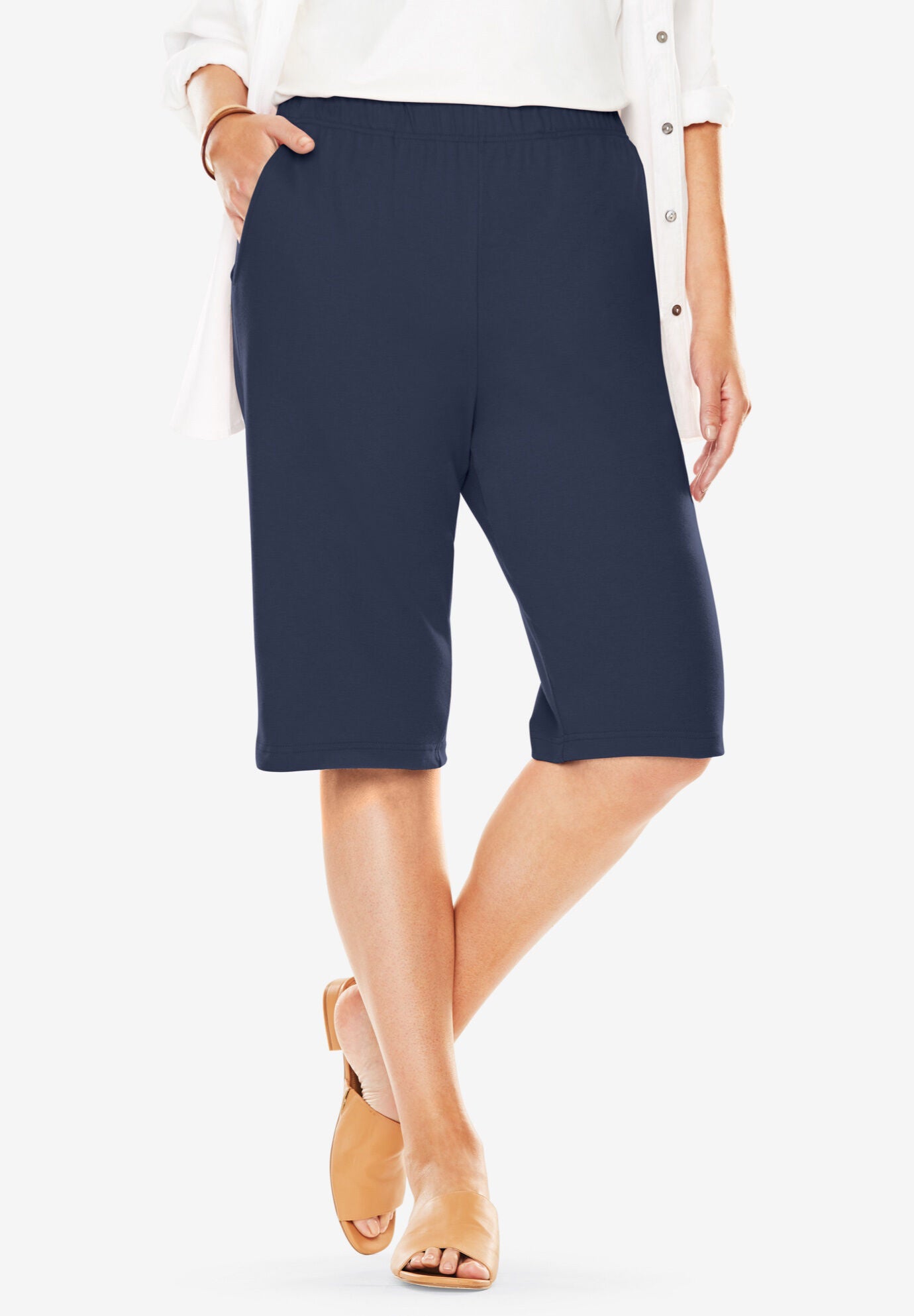 Knit Bermuda Shorts 7-Day Straight Waistband, Navy | Woman Within