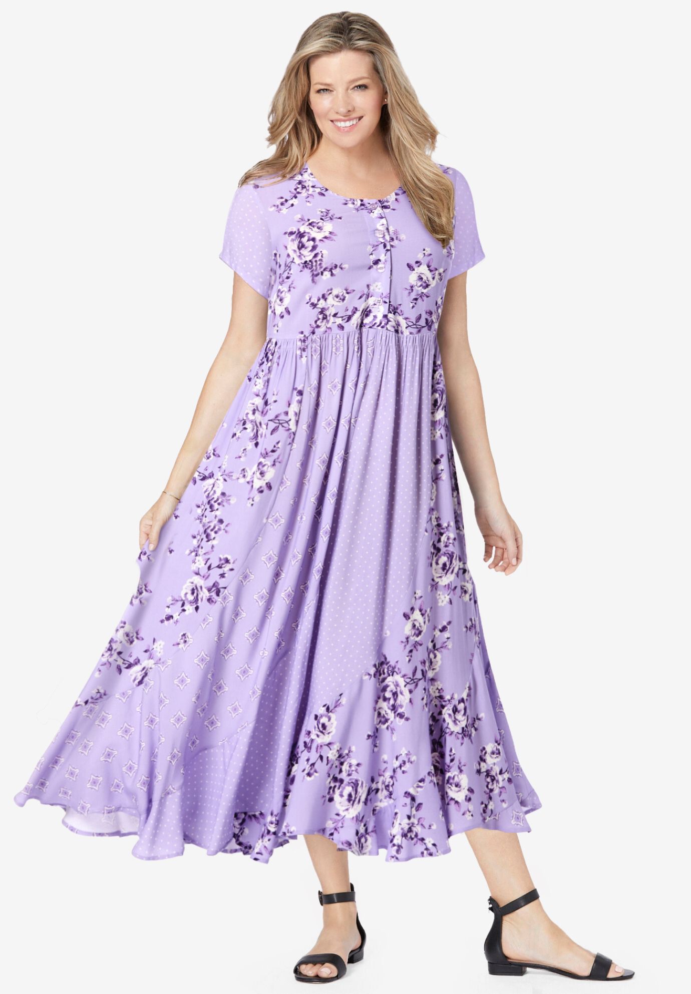 Mixed Print Rose Garden Maxi Dress, Soft Iris Pretty Rose | Woman Within