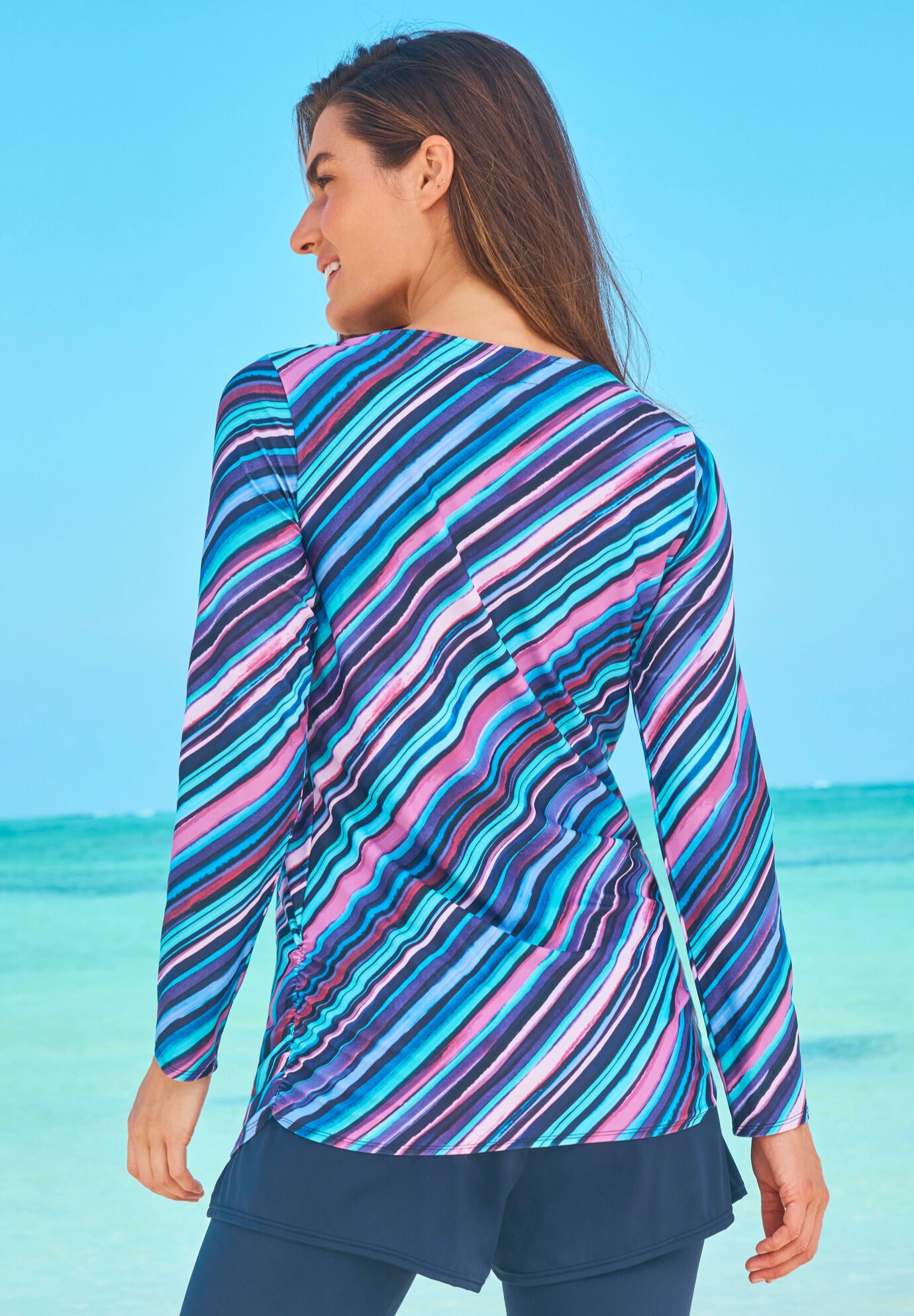 Split-Neck Swim Tee with Shelf Bra 40-50, Blue Tie Dye Swirl | Woman Within