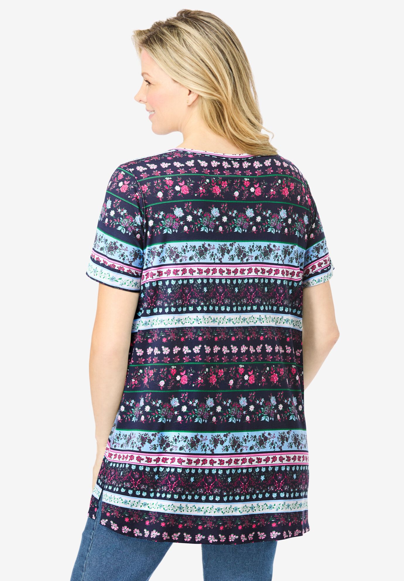 Short-Sleeve Pintucked Henley Tunic for Women, Navy Patchwork Stripe ...