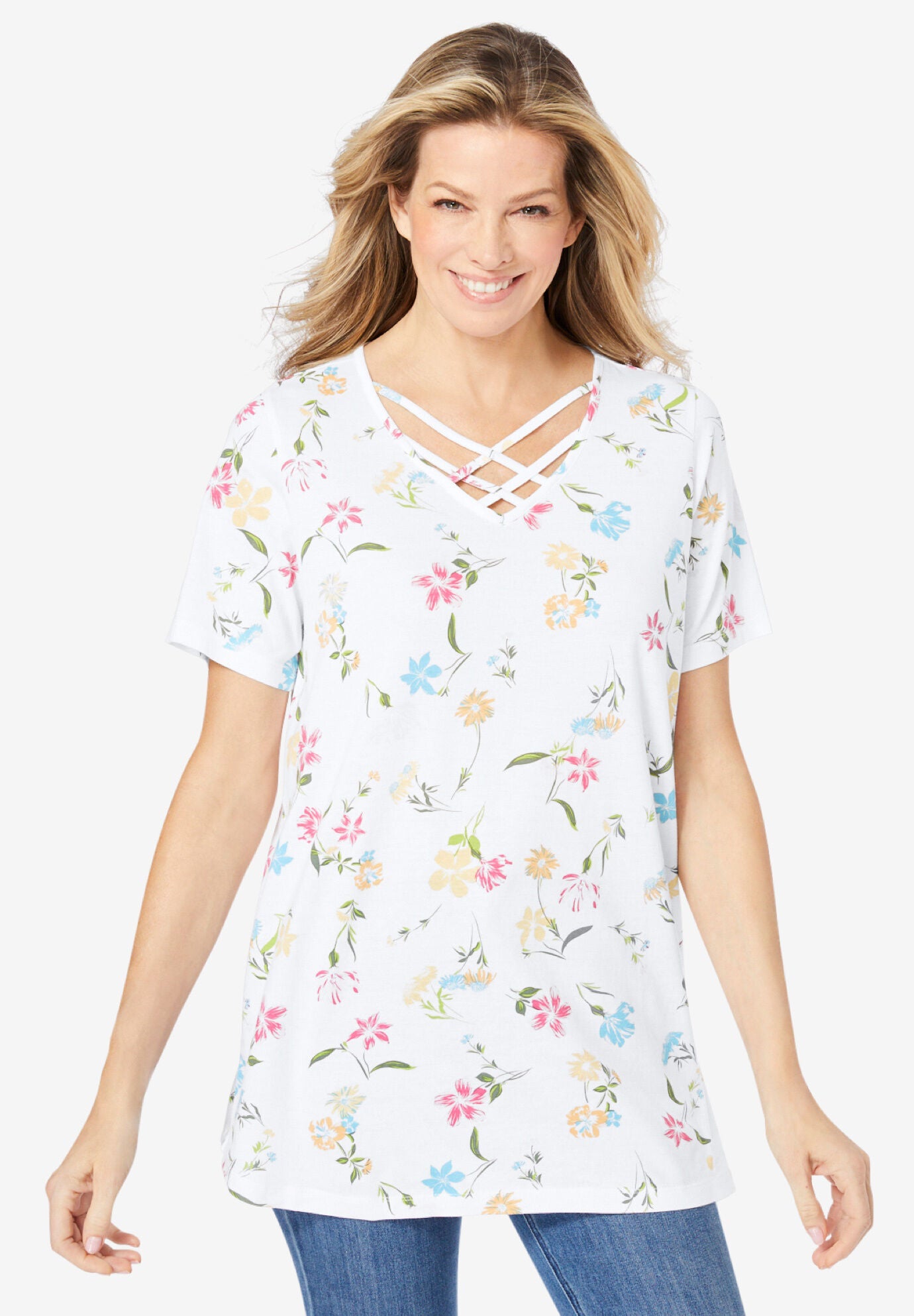 Criss Cross Tee | V-Neck Tunic T-Shirt, White Flowers | Woman Within