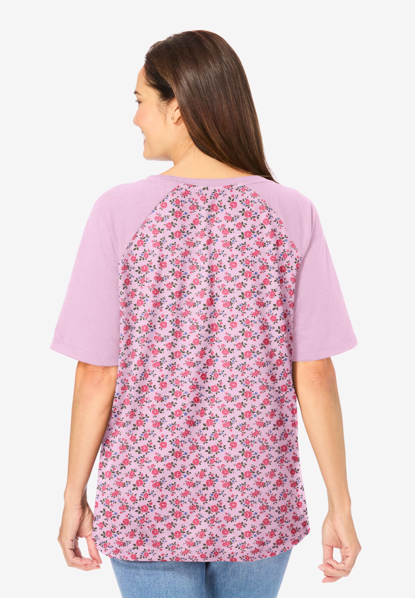 V-Neck Baseball Tee with Elbow Sleeves, Pink Ditsy | Woman Within