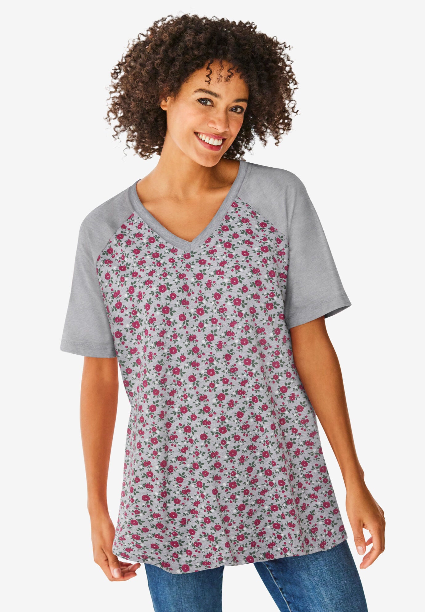 Elbow Sleeve V-Neck Baseball Tee | Woman Within