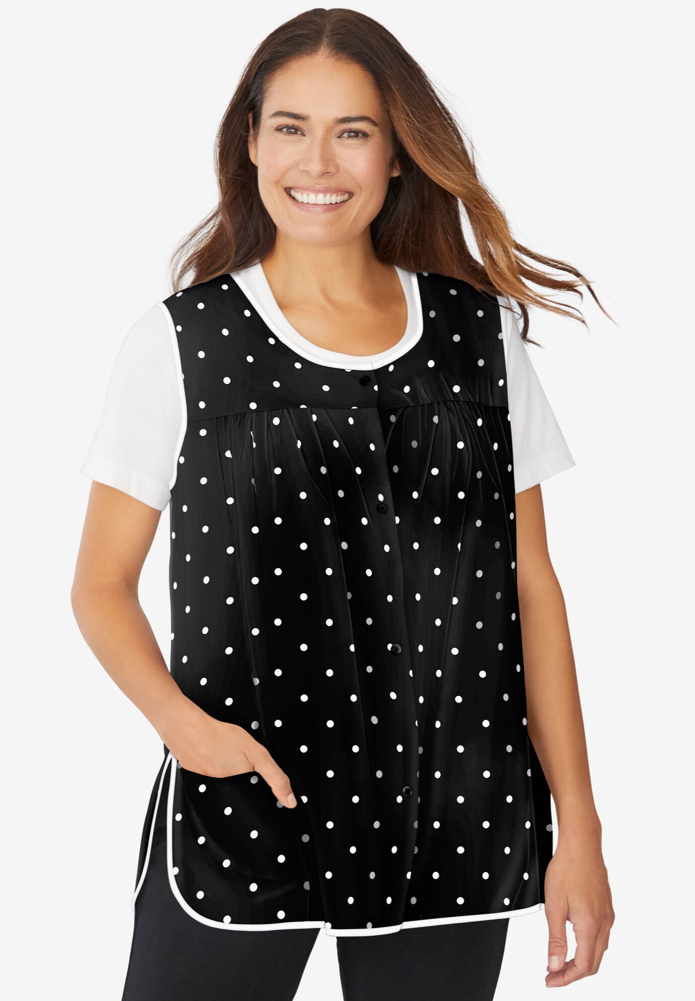 Snap-Front Apron with Pockets - 28" Length, Black Dot | Woman Within