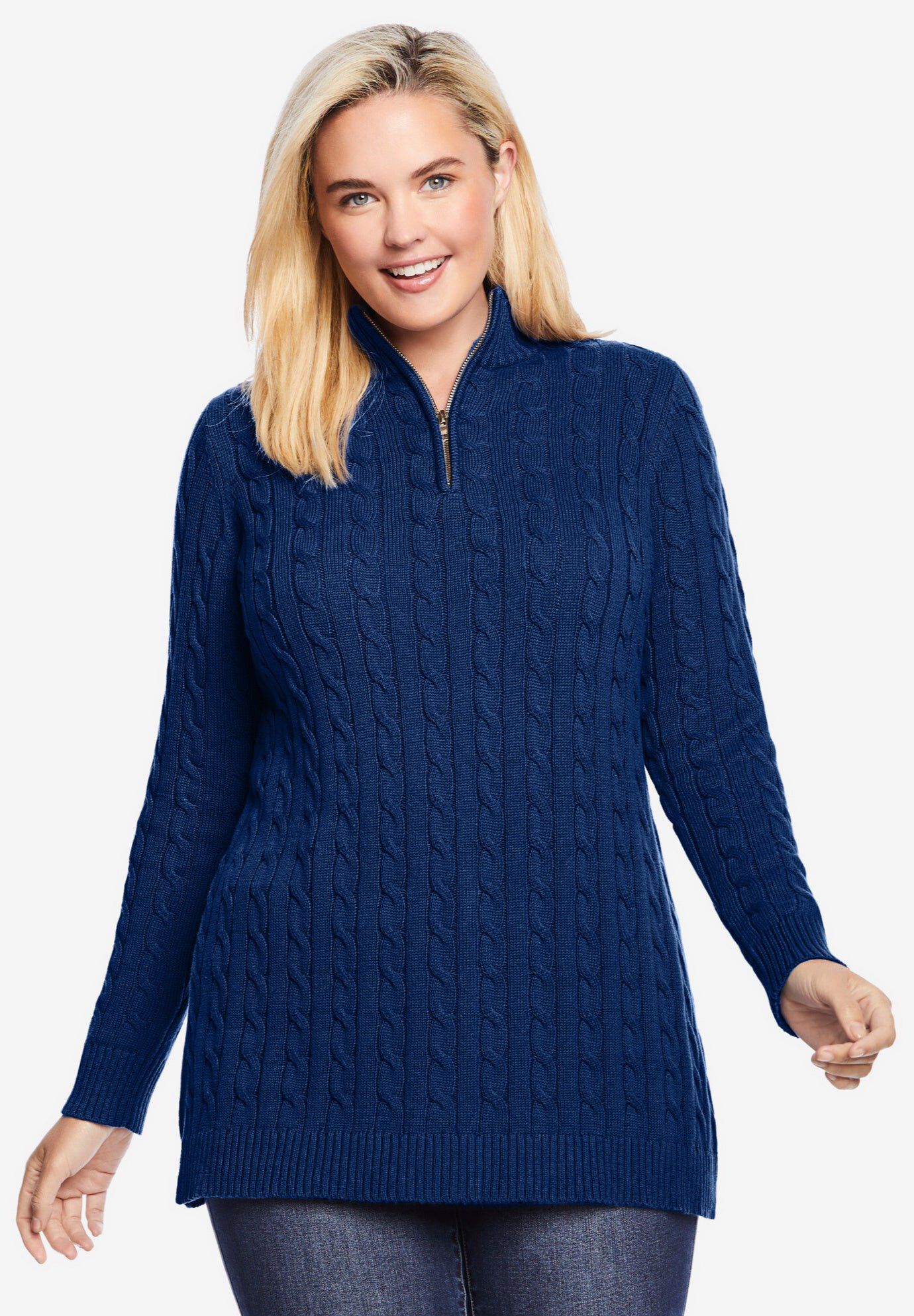 Plus Size Cable Knit Half-Zip Pullover Sweater, Evening Blue | Woman Within