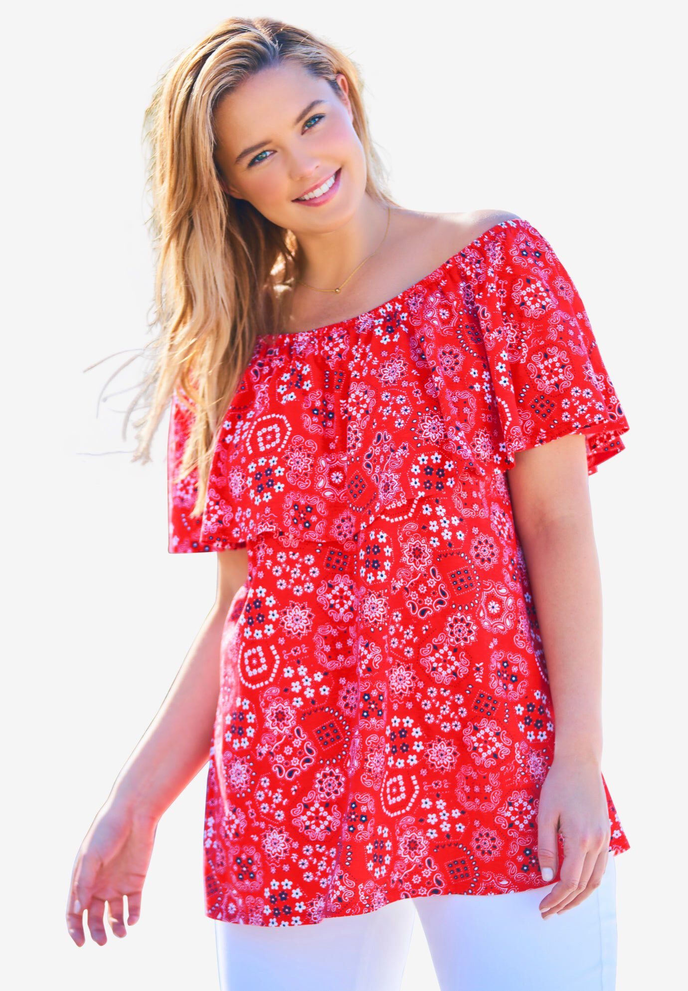 Off Shoulder Ruffle Tee - Fun & Feminine Style, Vivid Red Bandana ...