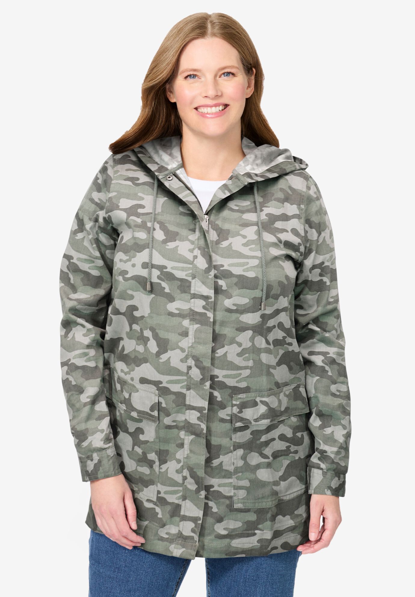 Lightweight Hooded Jacket for Women, Olive Camouflage | Woman Within