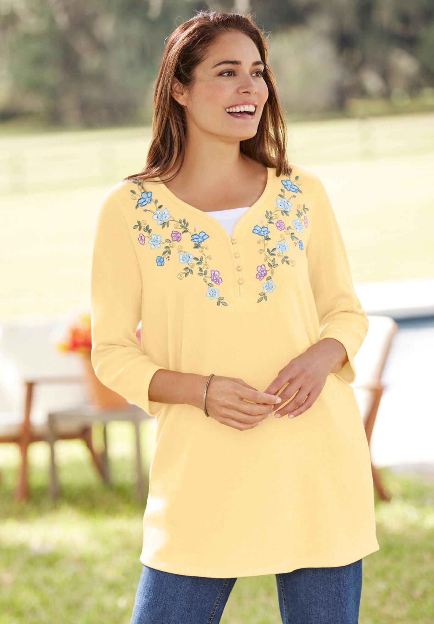 7-Day Layered-Look Embroidered Henley Tunic | Woman Within