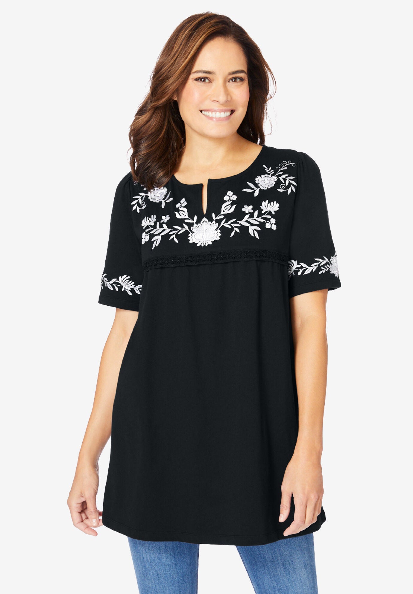 Embroidered Split-Neck Tunic for Women, Black Vine Embroidery | Woman ...