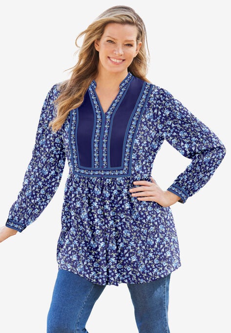 Button-Front Mixed Print Tunic | Woman Within