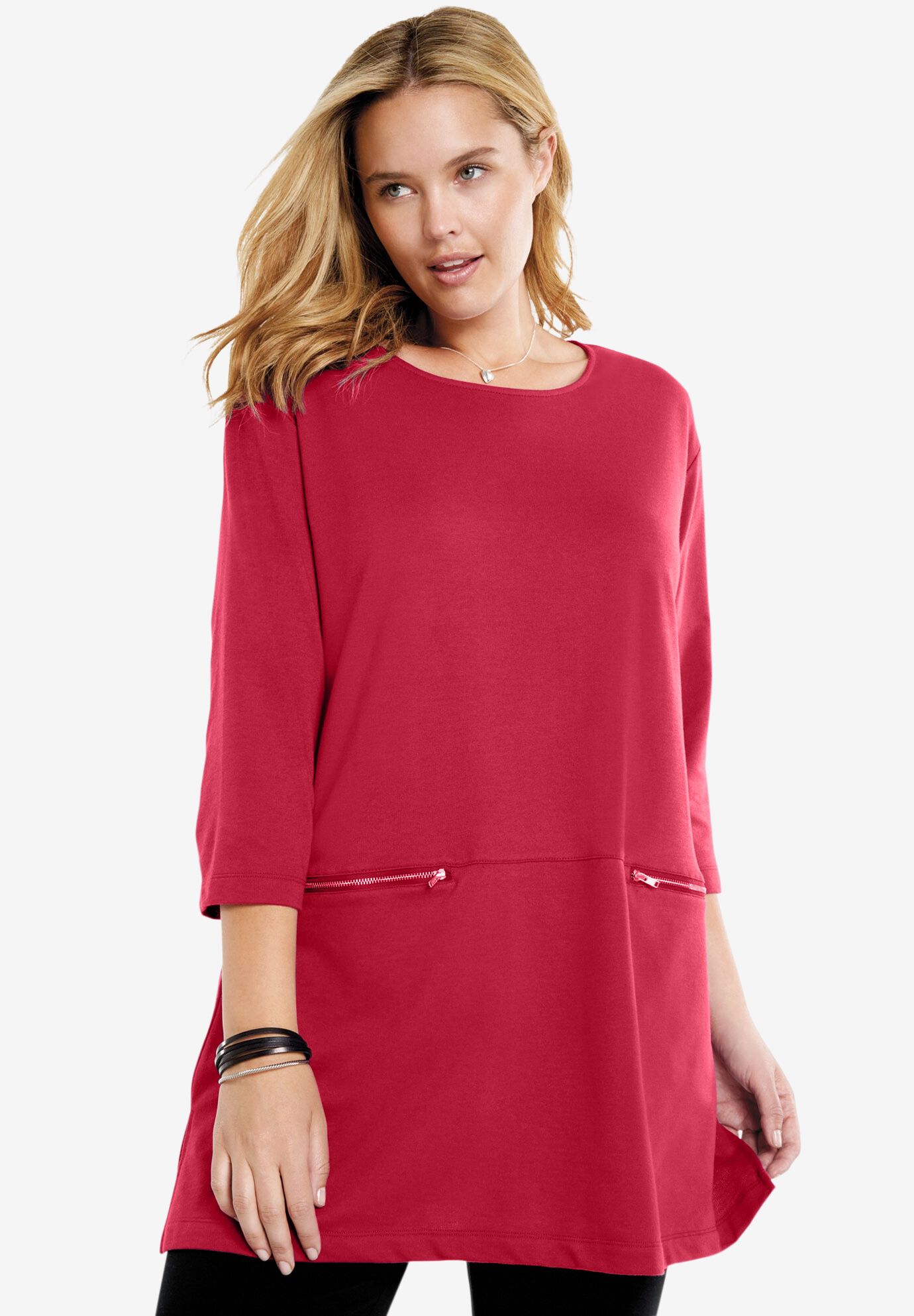 Zipper Pocket Tunic - Baby French Terry Top, Classic Red | Woman Within
