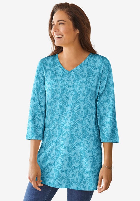 Perfect Printed Three-Quarter-Sleeve V-Neck Tunic | Woman Within