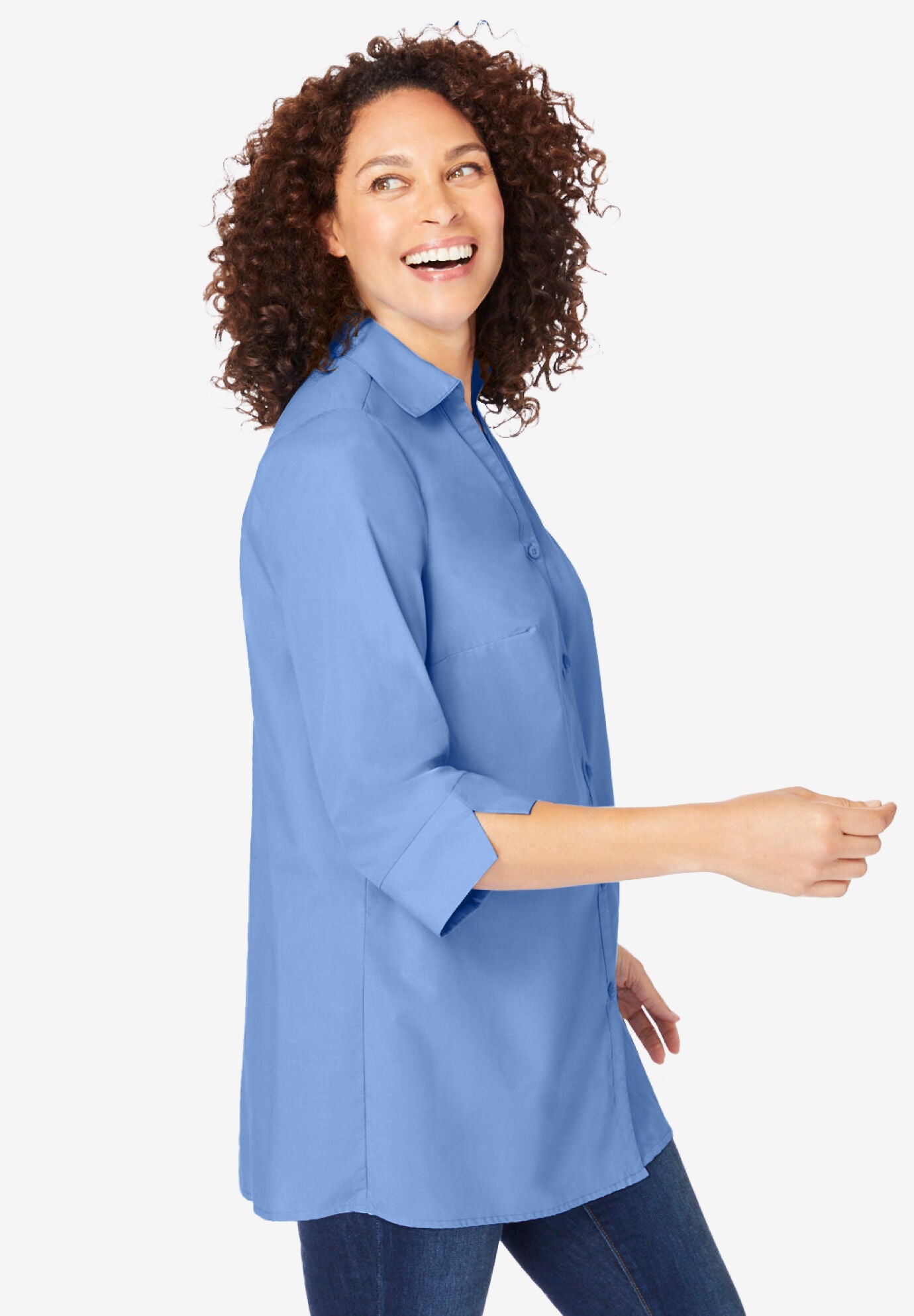 Pleat Back Three-Quarter Sleeve Shirt, French Blue Stripe | Woman Within