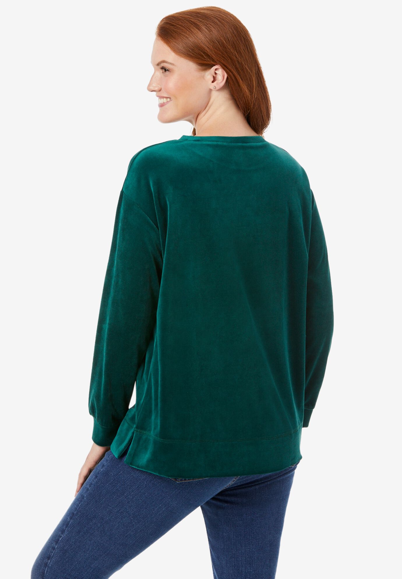Plush Velour Tunic Sweatshirt - Soft Velvety Feel, Emerald Green Floral ...