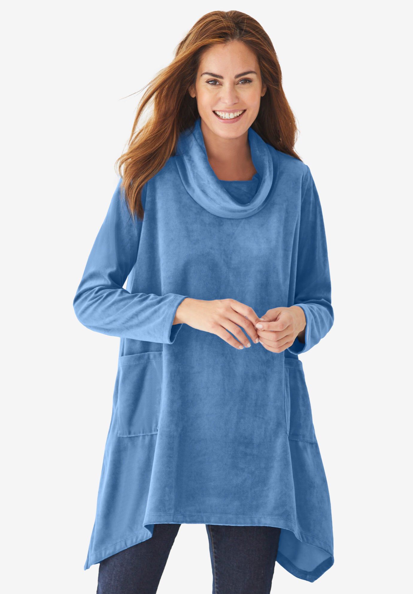Velour Cowl Neck Tunic with Pockets - 30" Length, Blue Coast | Woman Within