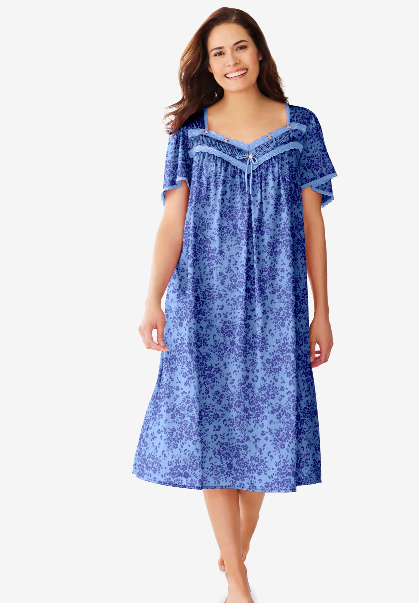 Silky Lace-Trim Gown - Short Nightgown, Ultra Blue | Woman Within