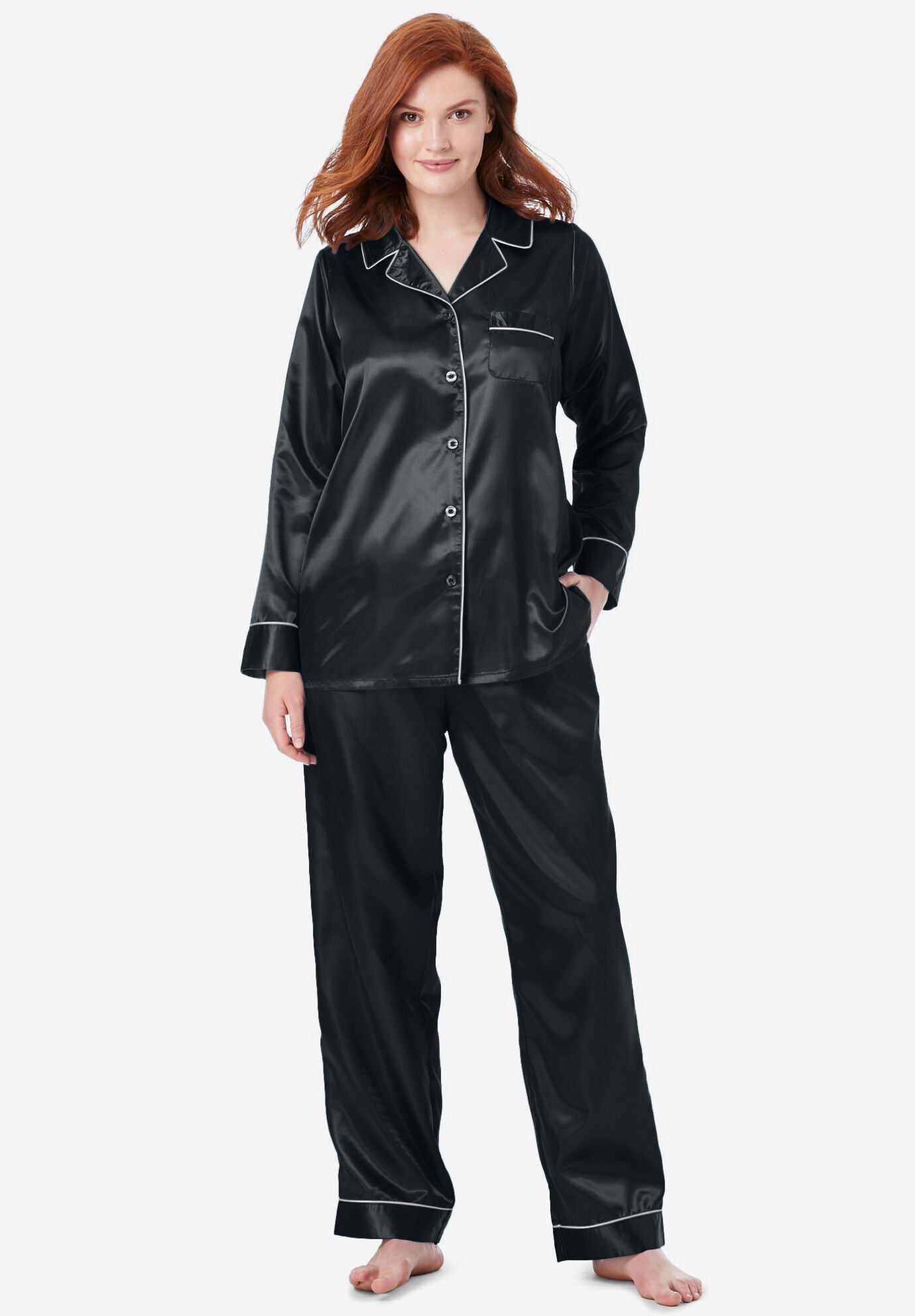 Luxe Satin Pajama Set in Classic Style, Black | Woman Within