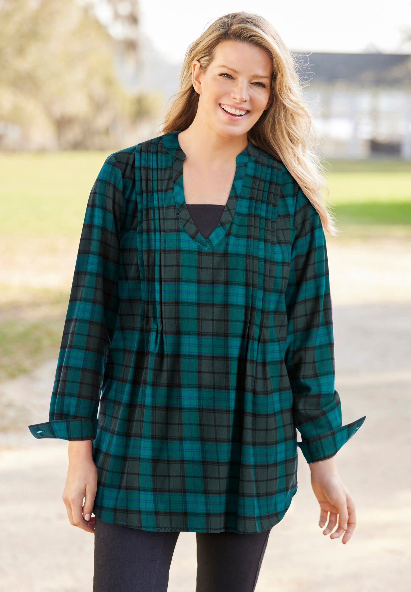 Flannel Tunic with Layered Look - Plus Size, Midnight Plum Plaid ...