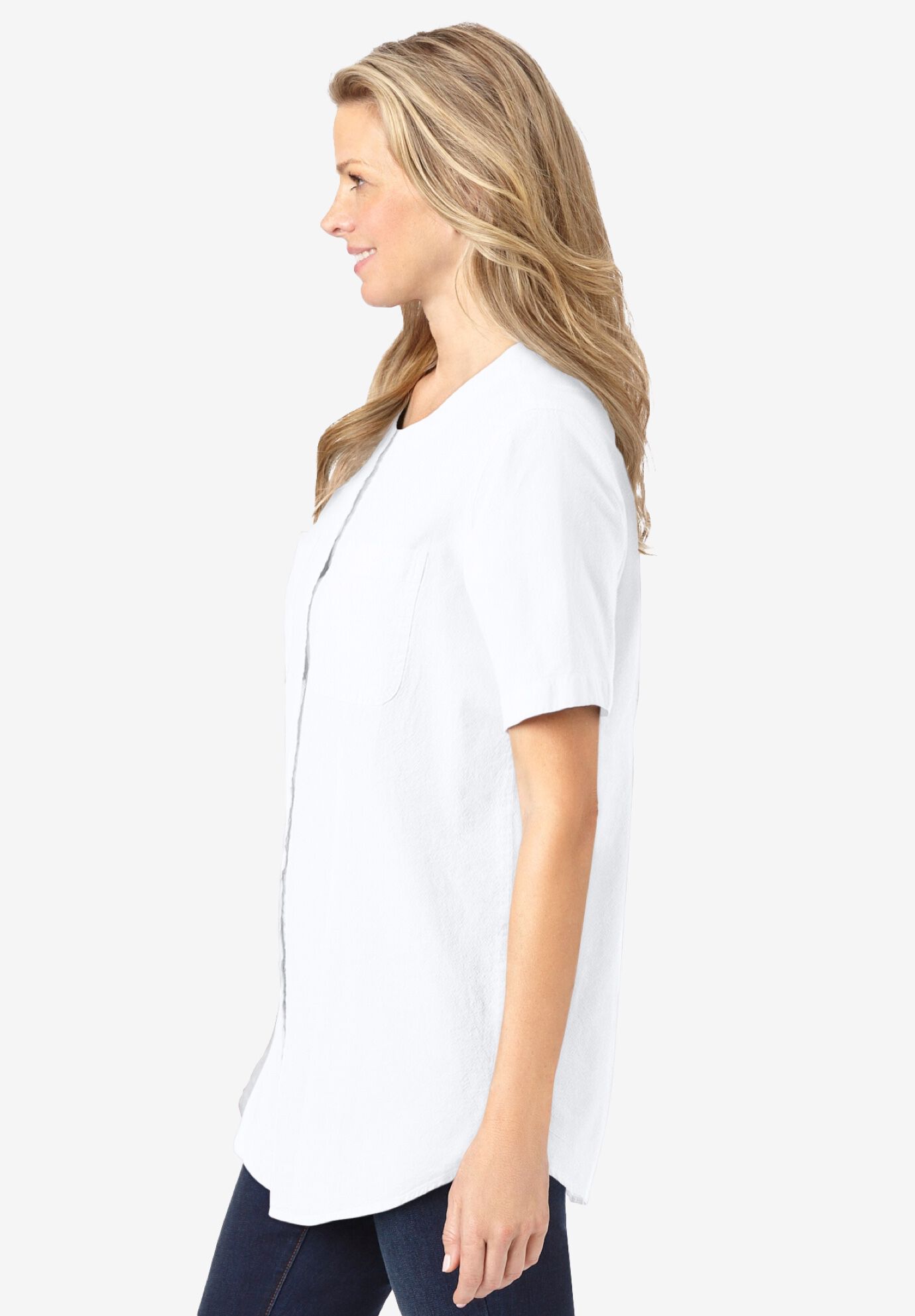 Short-Sleeve Crinkle Shirt - Relaxed Fit Cotton, White | Woman Within