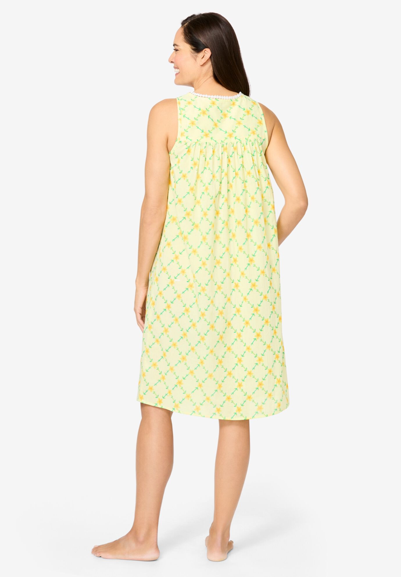 Sleeveless Cotton Night Gown with Lace Trim, Pastel Yellow Floral ...