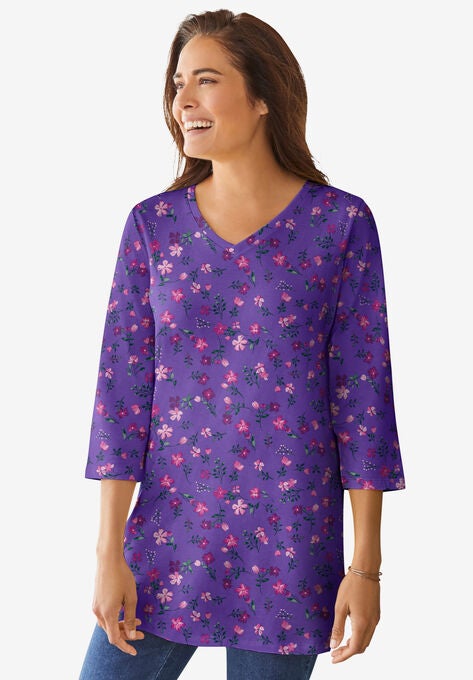 Perfect Printed Three-Quarter-Sleeve V-Neck Tunic | Woman Within