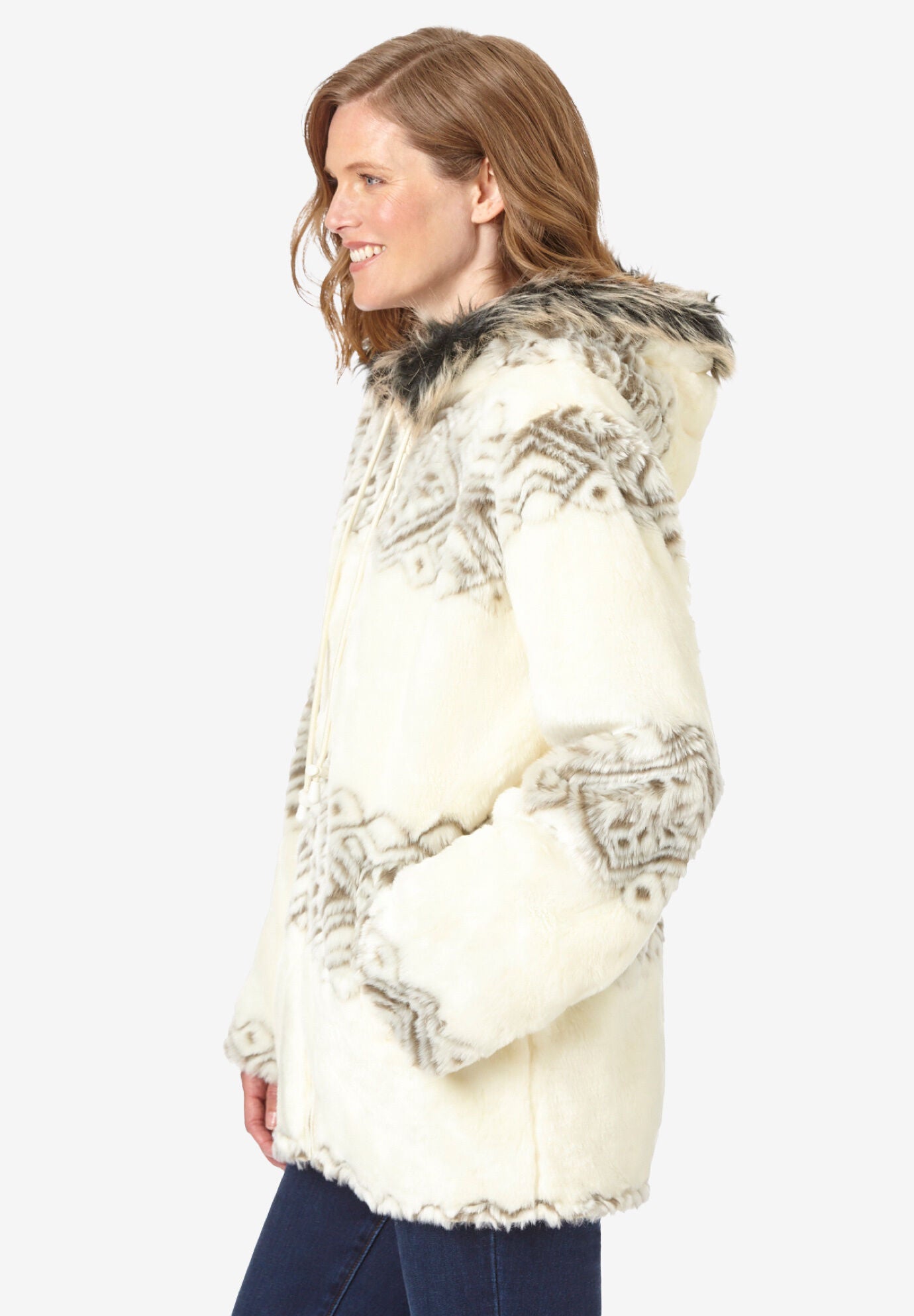 Faux Fur Snowflake Print Hooded Jacket, Ivory Snowflake Fair Isle ...