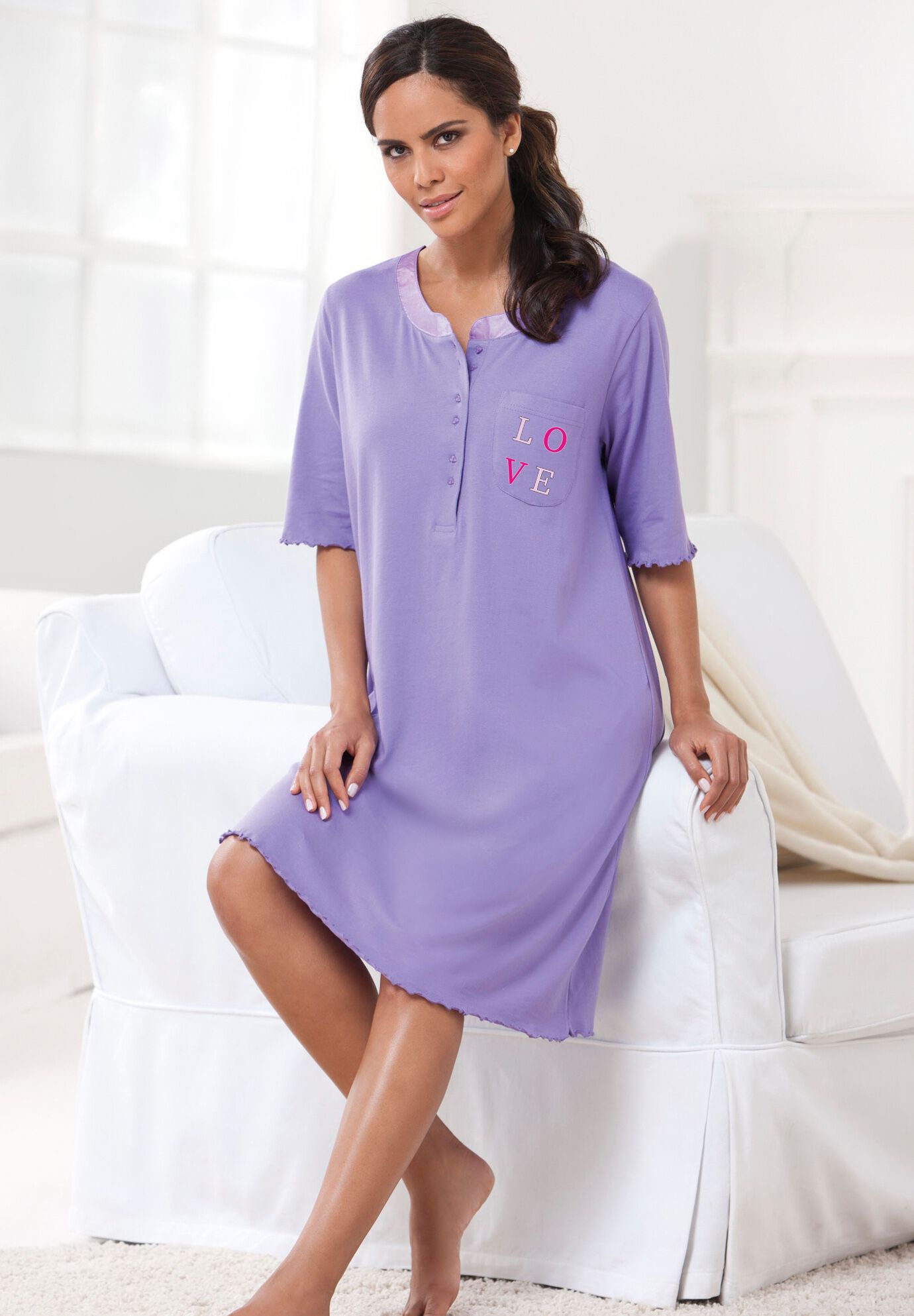 Satin Trim Cotton Sleepshirt - Super Soft Sleepwear, Heather Grey ...
