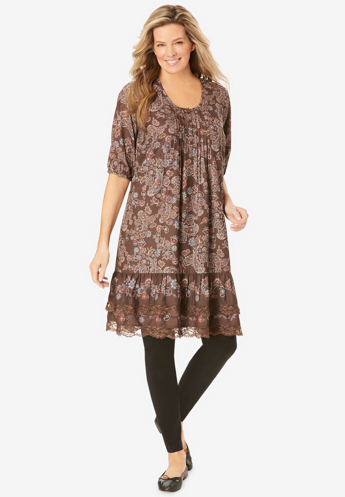 Floral Lace Trim Dress with Pintucks, Chocolate Mosaic Paisley | Woman ...