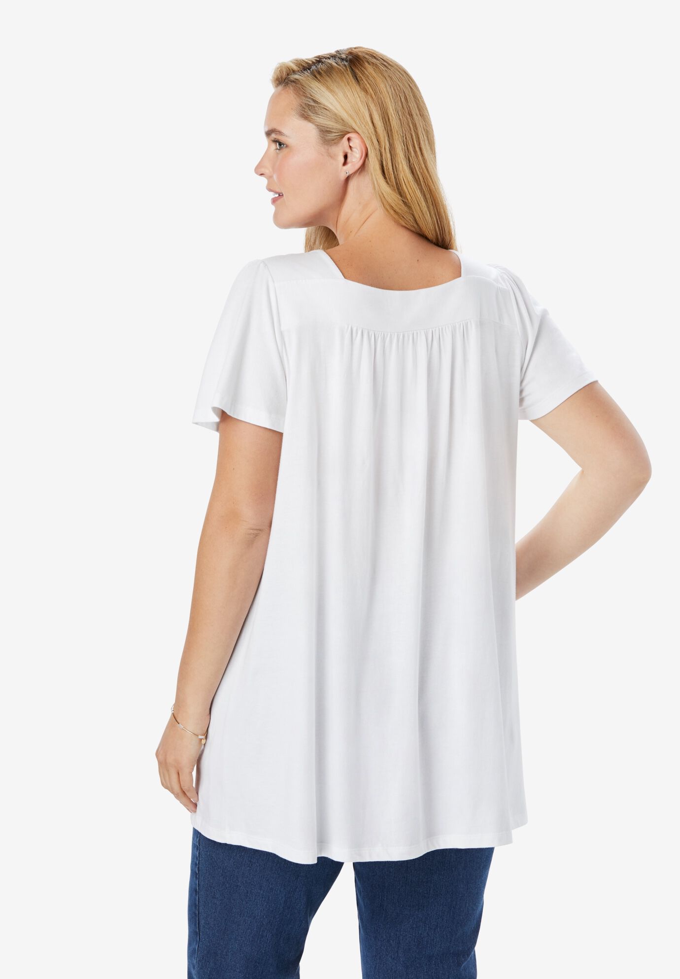 Embroidered Square Neck Tunic - 30" Length, Pretty Turquoise Multi ...