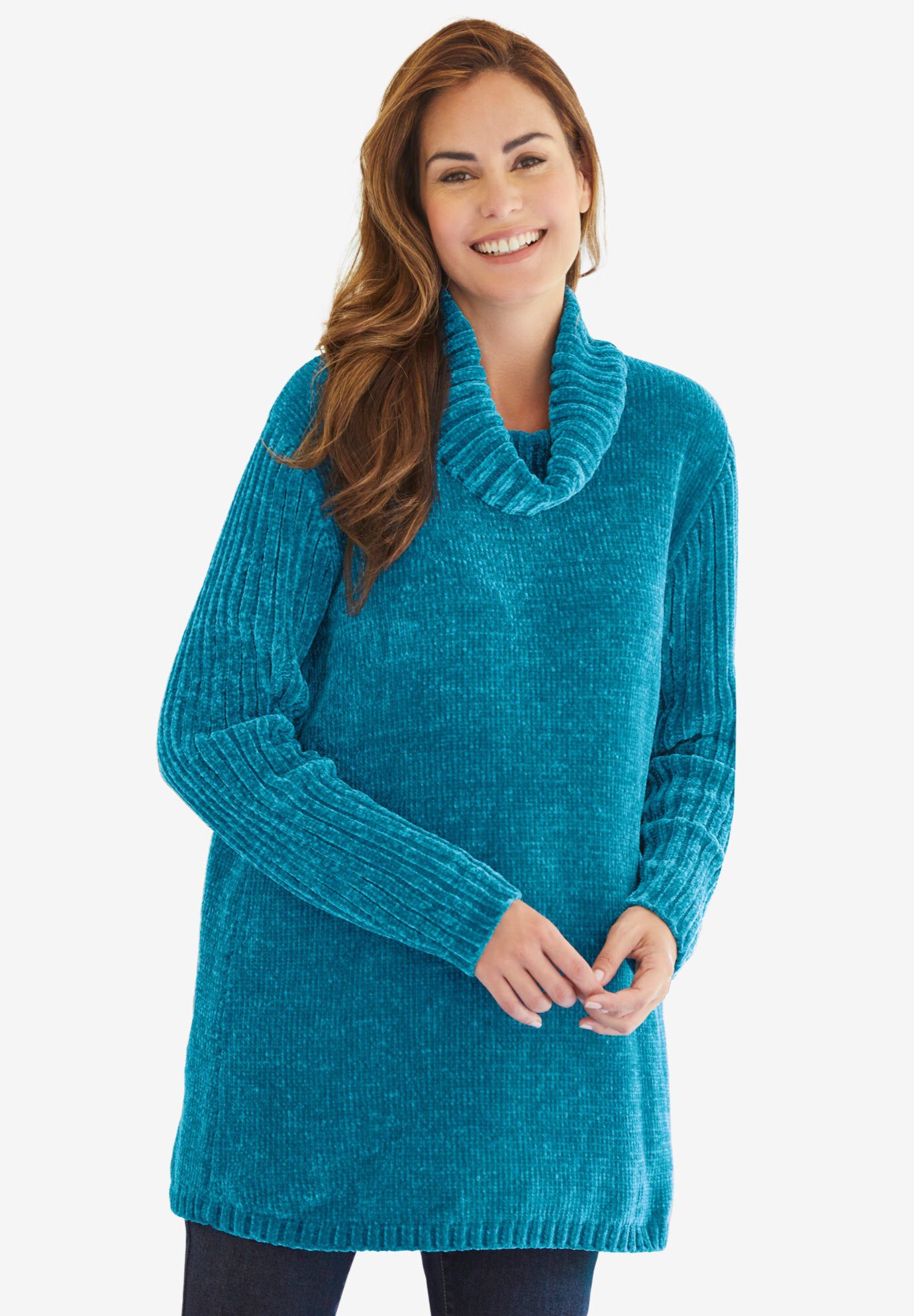 Chenille Cowlneck Sweater - Soft & Cozy Knit, Deep Teal | Woman Within