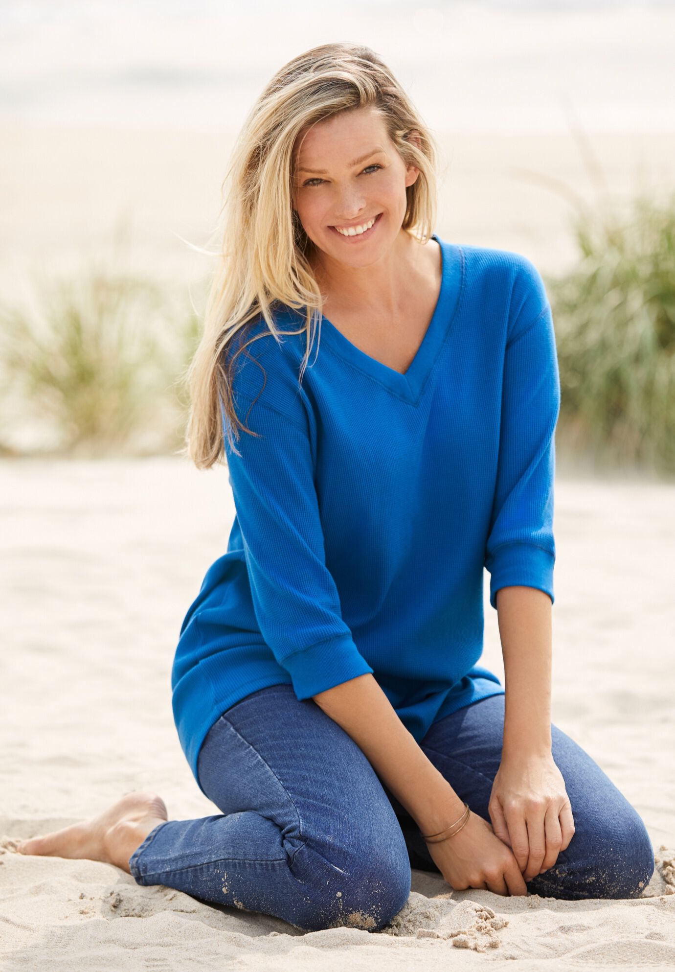 Three-Quarter Sleeve Thermal V-Neck Pullover, Waterfall | Woman Within
