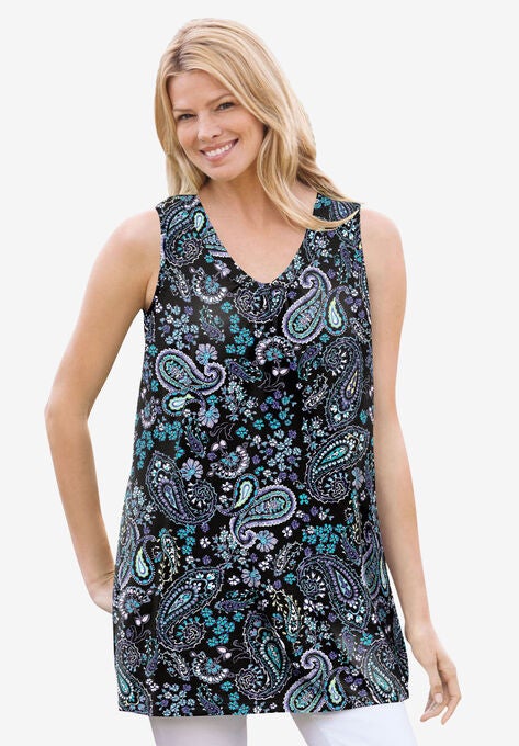 Perfect Printed Sleeveless Shirred V-Neck Tunic | Woman Within