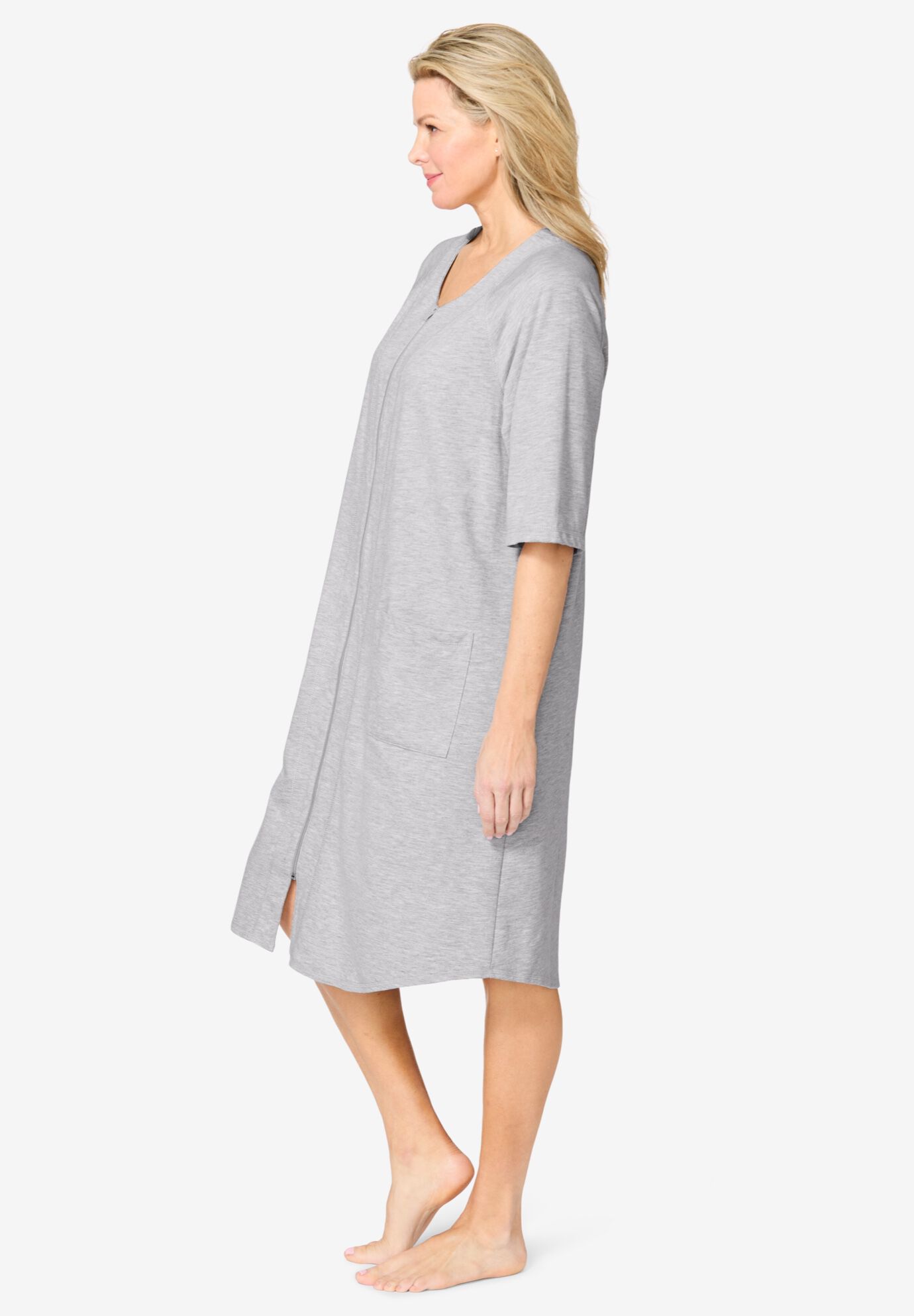 French Terry Short Zip-Front Lounge Robe, Heather Grey | Woman Within